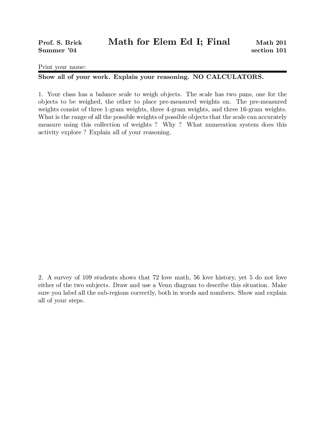 Balance Scale Elementary Maths Exam Docsity