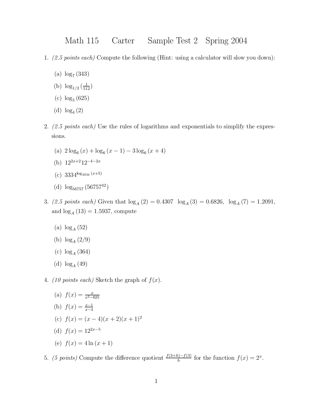 Logarithms Mathematics Quiz Docsity