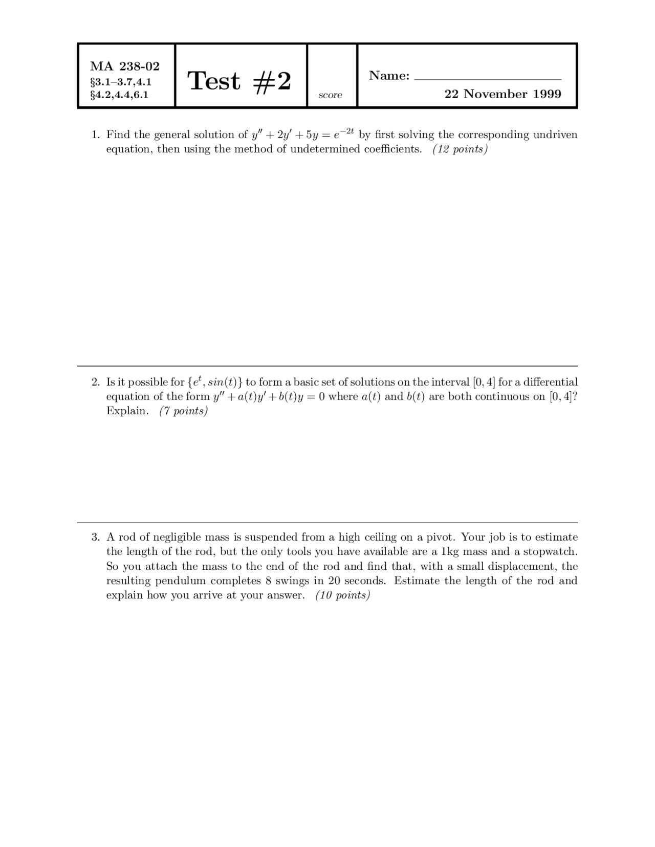 Possible Differential Equations Quiz Docsity