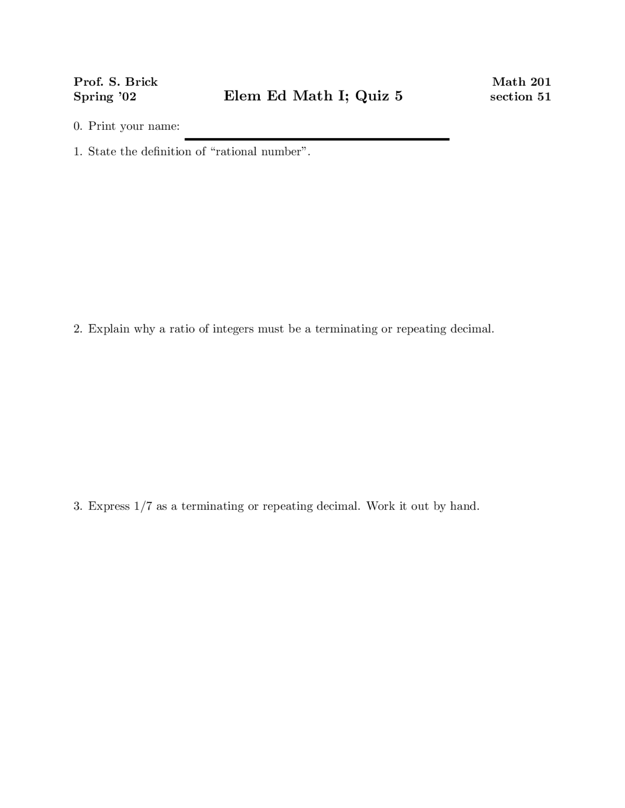 Rational Number - Elementary Maths - Quiz - Docsity