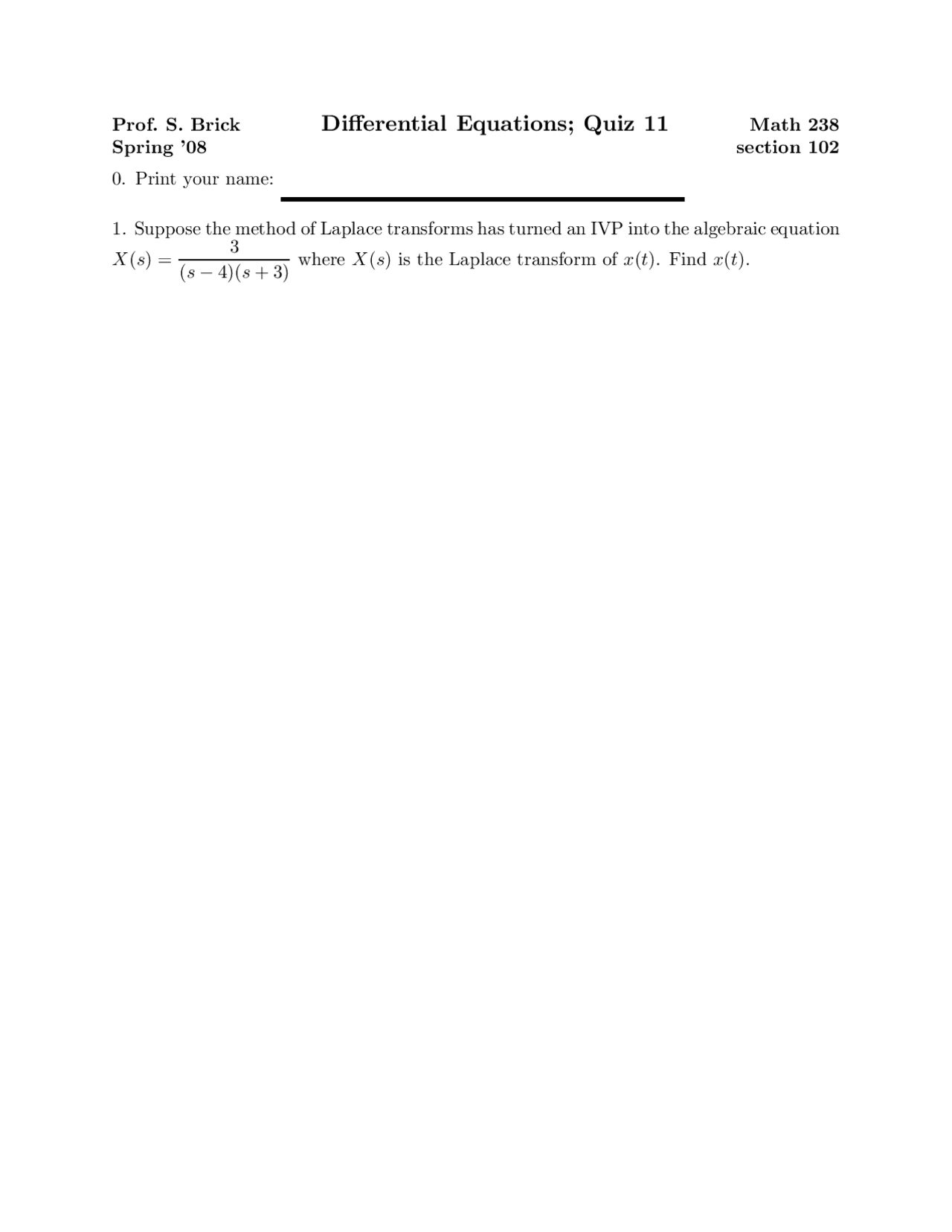 Laplace Transforms Differential Equations Quiz Docsity