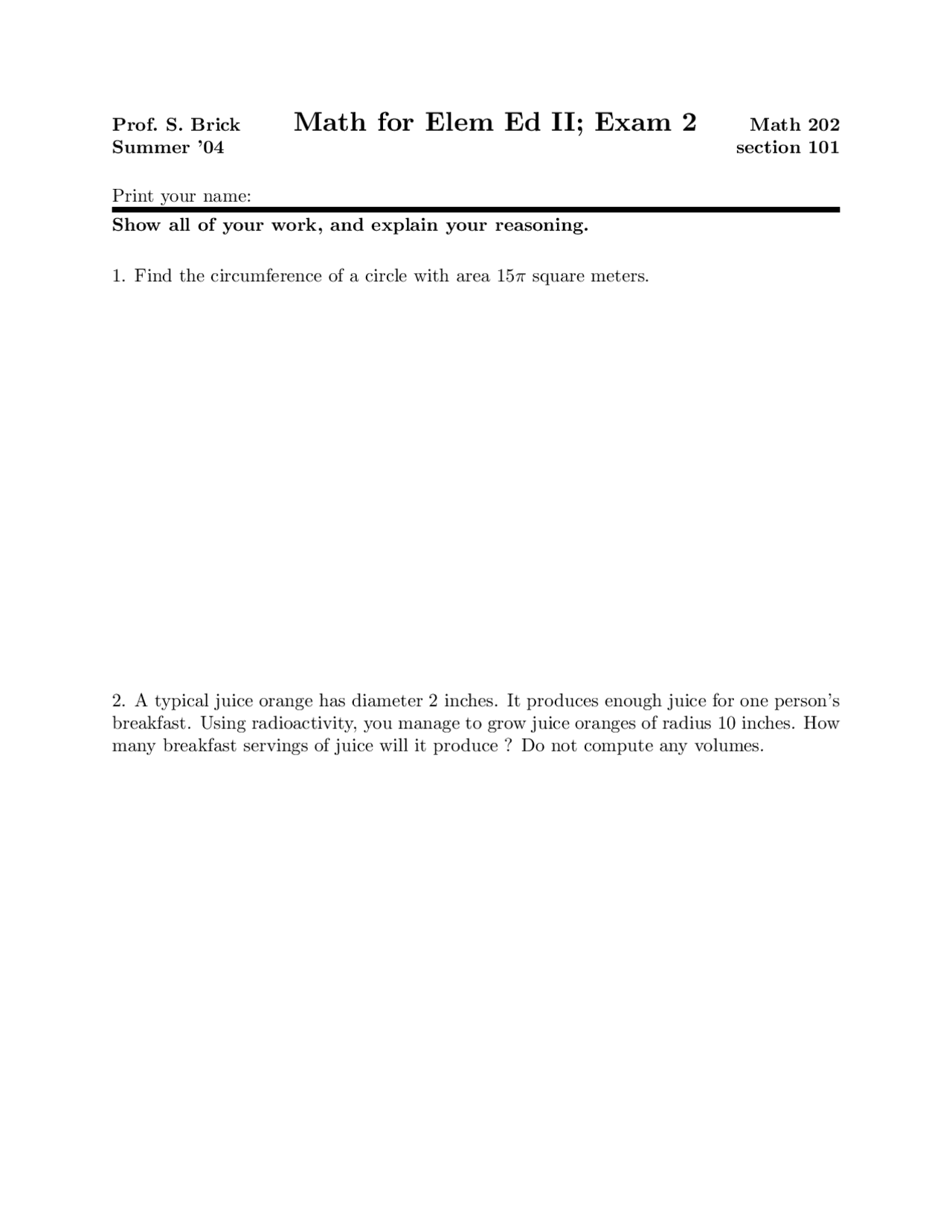 Circumference Elementary Maths Exam Docsity