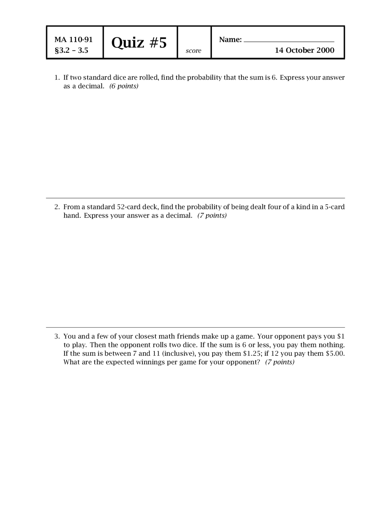 Rolled Finite Math Quiz Docsity