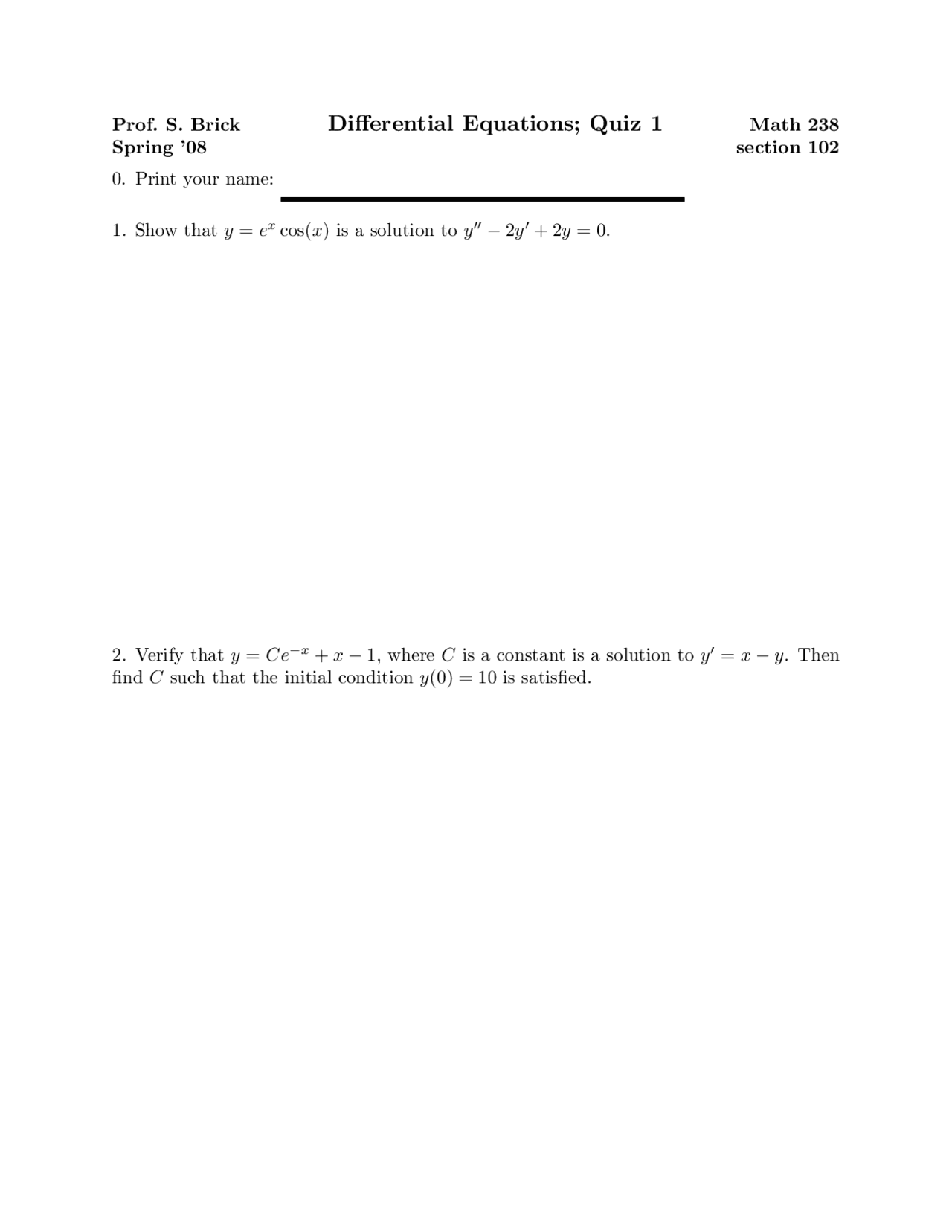 Solution Differential Equations Quiz Docsity