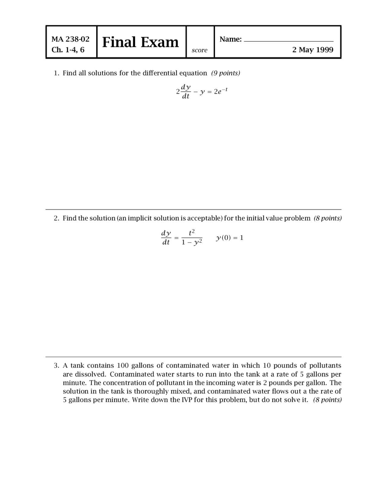 Acceptable Differential Equations Quiz Docsity