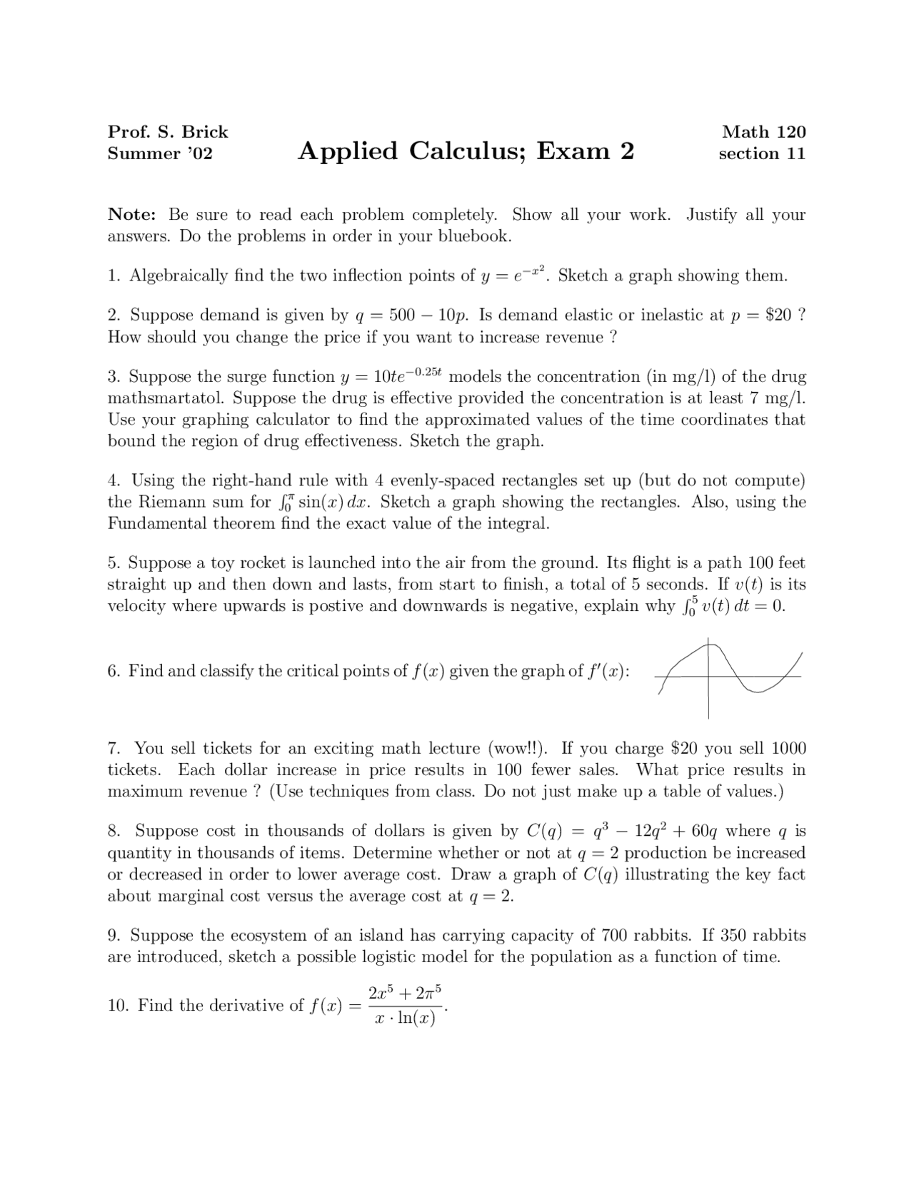 Algebraically Applied Calculus Exam Docsity