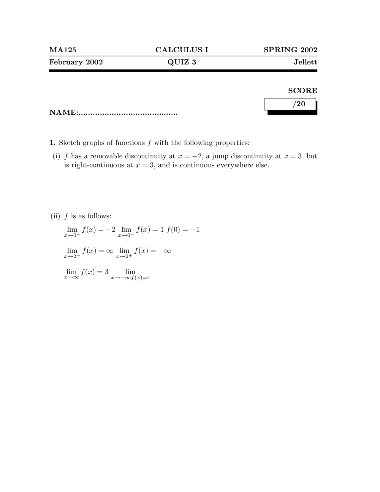 Discontinuity Calculus Quiz Docsity