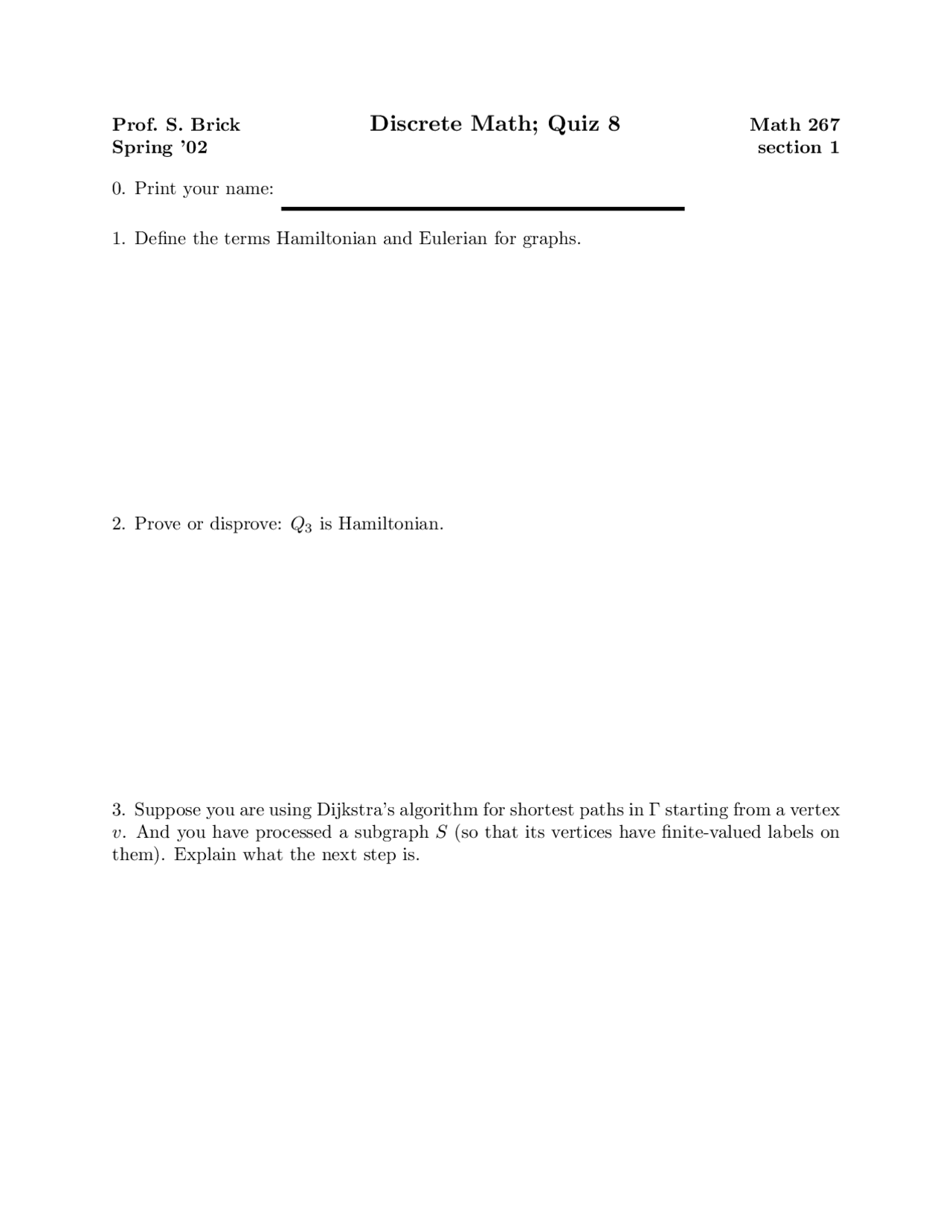 Hamiltonian - Discrete Math - Quiz - Docsity