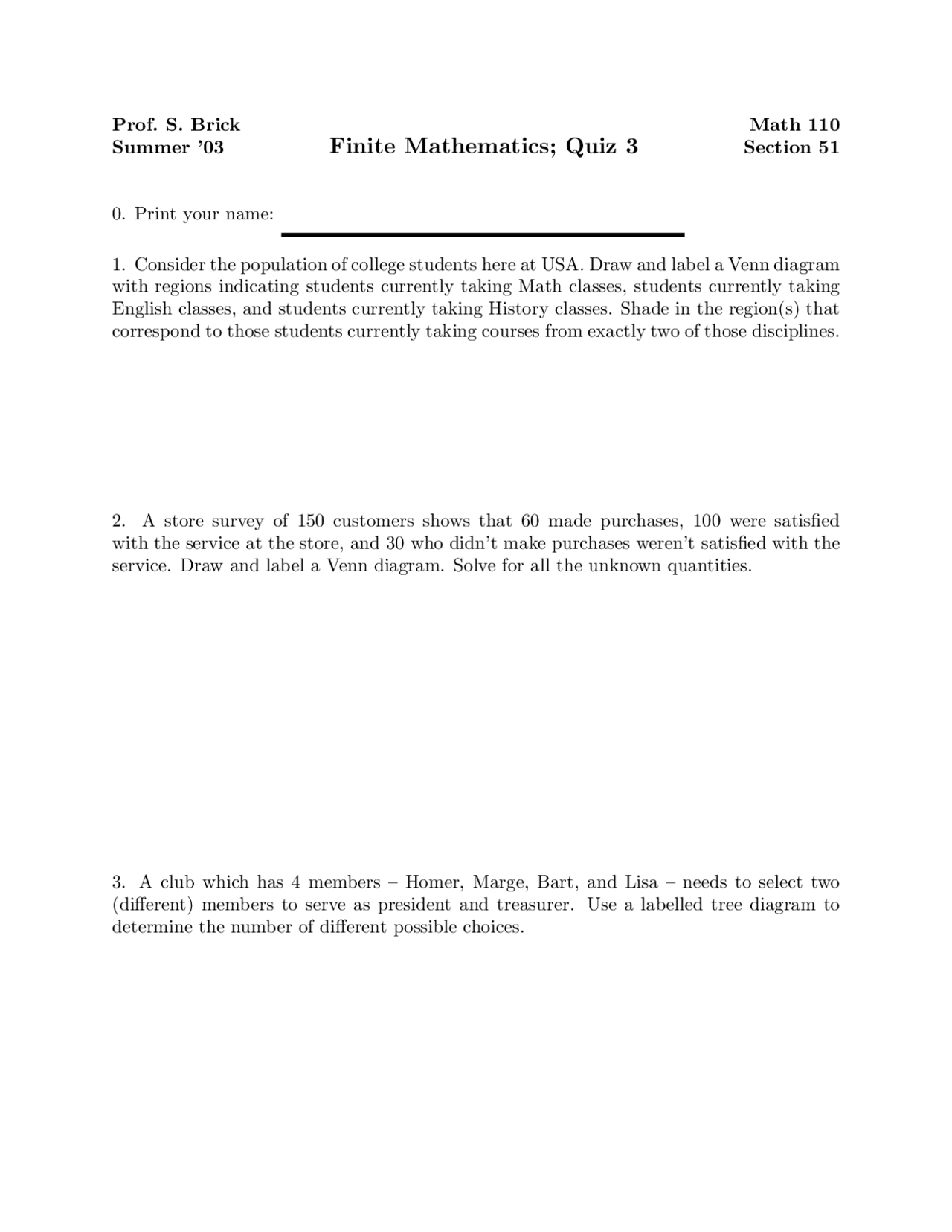 Store Finite Math Quiz Docsity