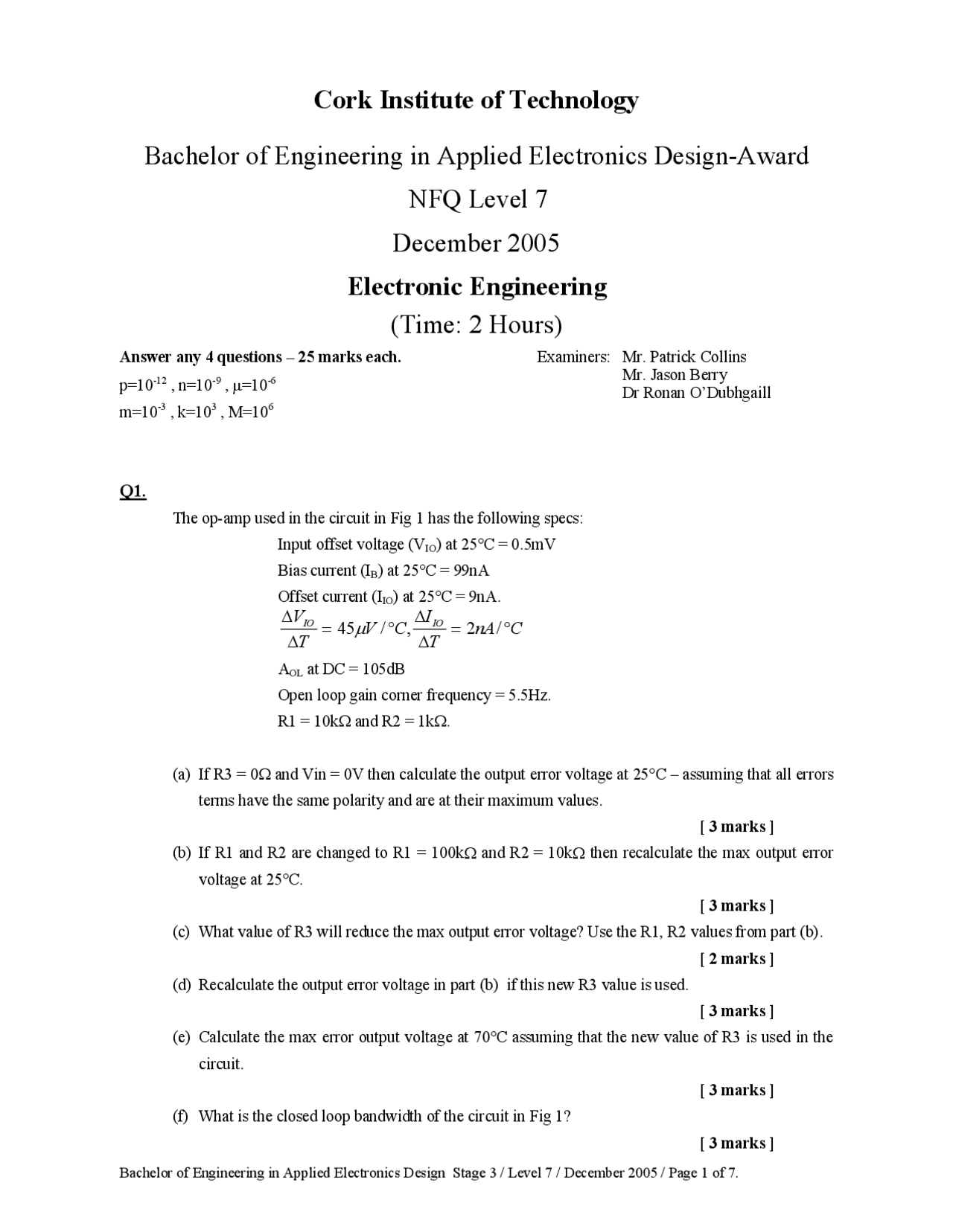 Exam Questions for Bachelor of Engineering in Applied Electronics ...