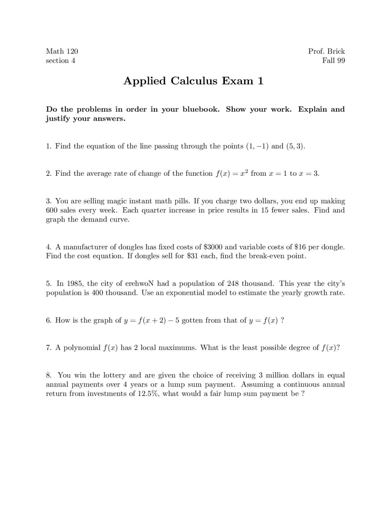Line Passing - Applied Calculus - Exam - Docsity