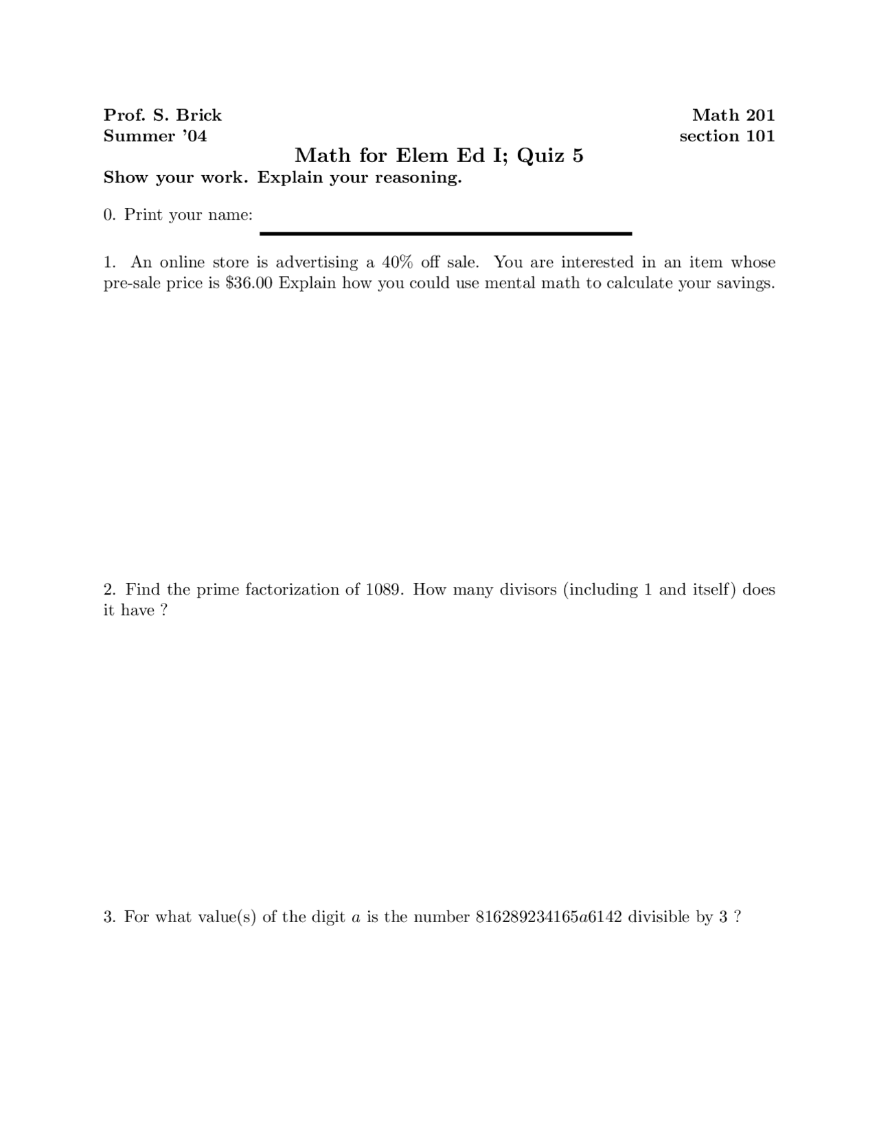 Advertising Elementary Maths Quiz Docsity