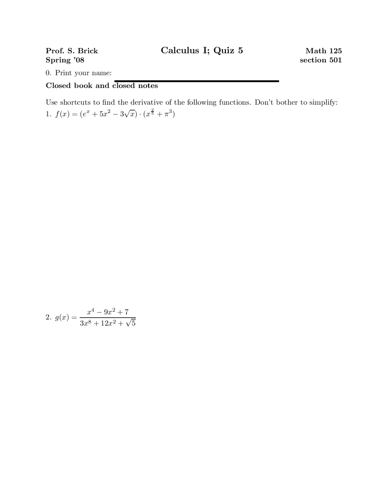 Derivative Calculus Quiz Exercises Calculus Docsity