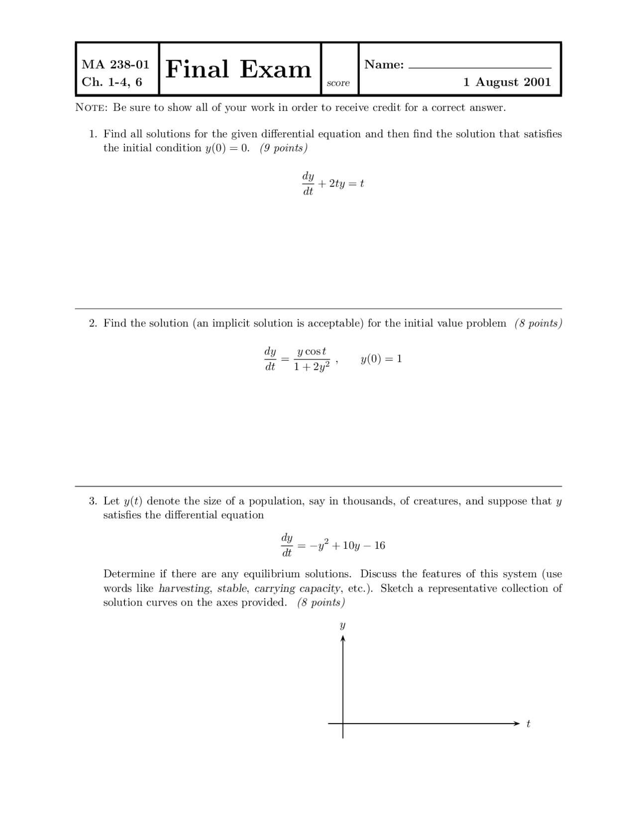 Implicit Solution - Differential Equations - Exam - Docsity