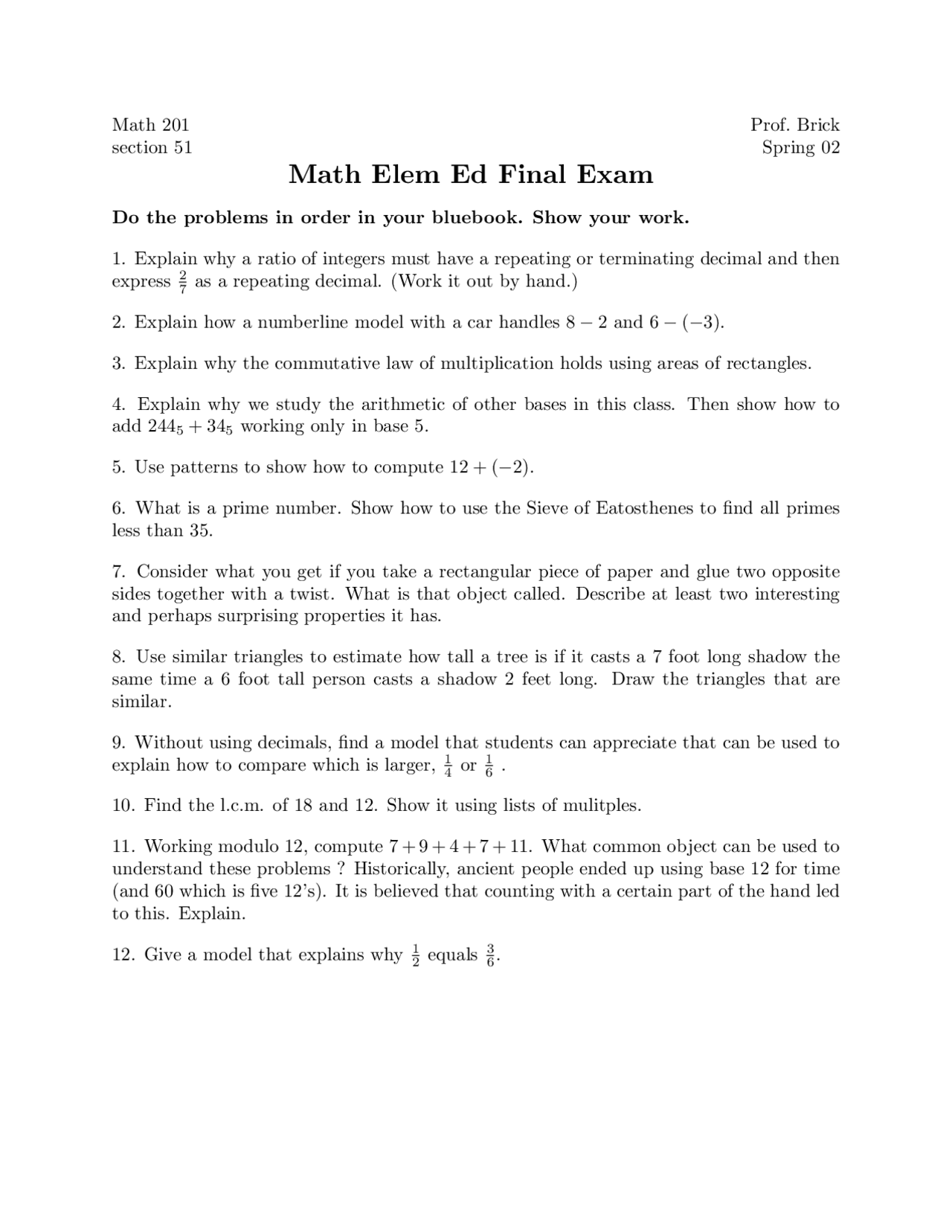 Model Elementary Maths Exam Docsity