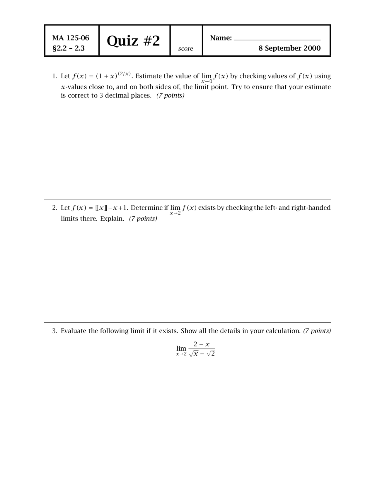Left And Right Calculus Quiz Docsity