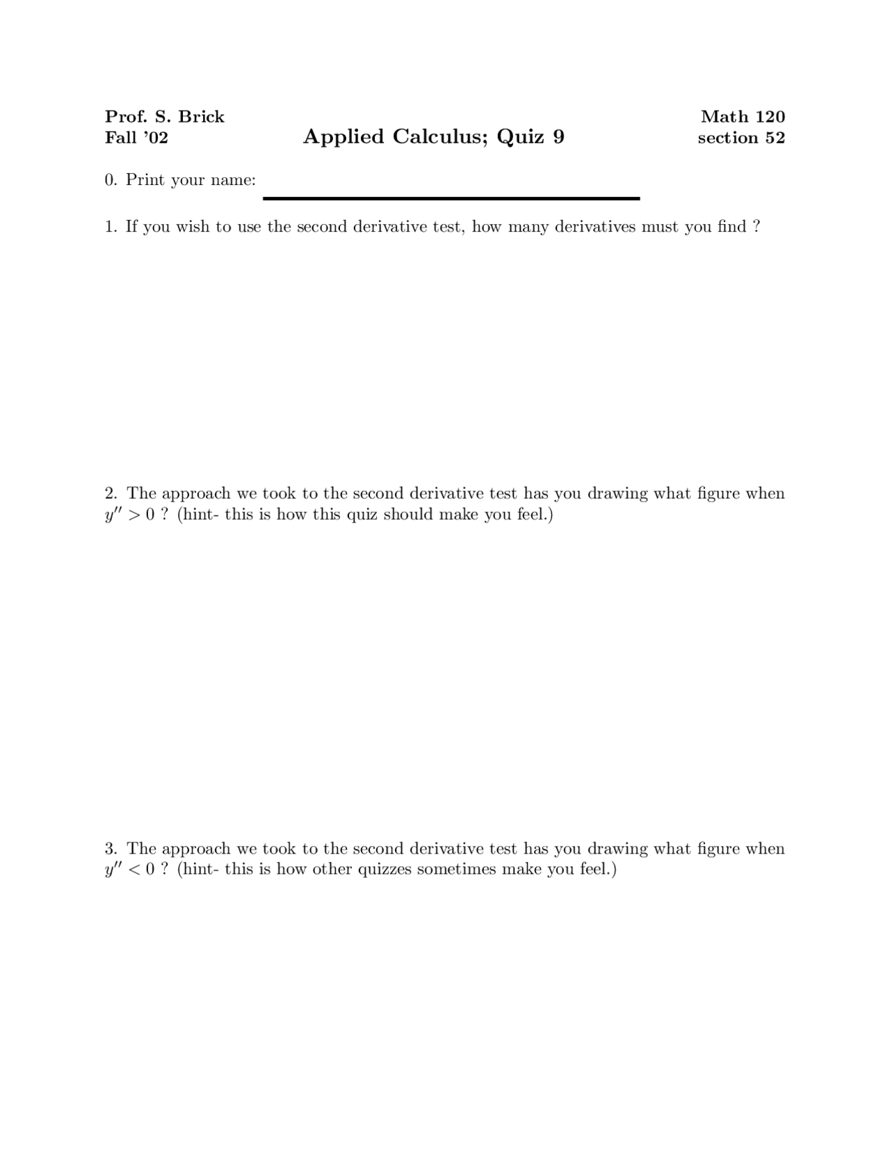 Derivative Test Applied Calculus Quiz Docsity
