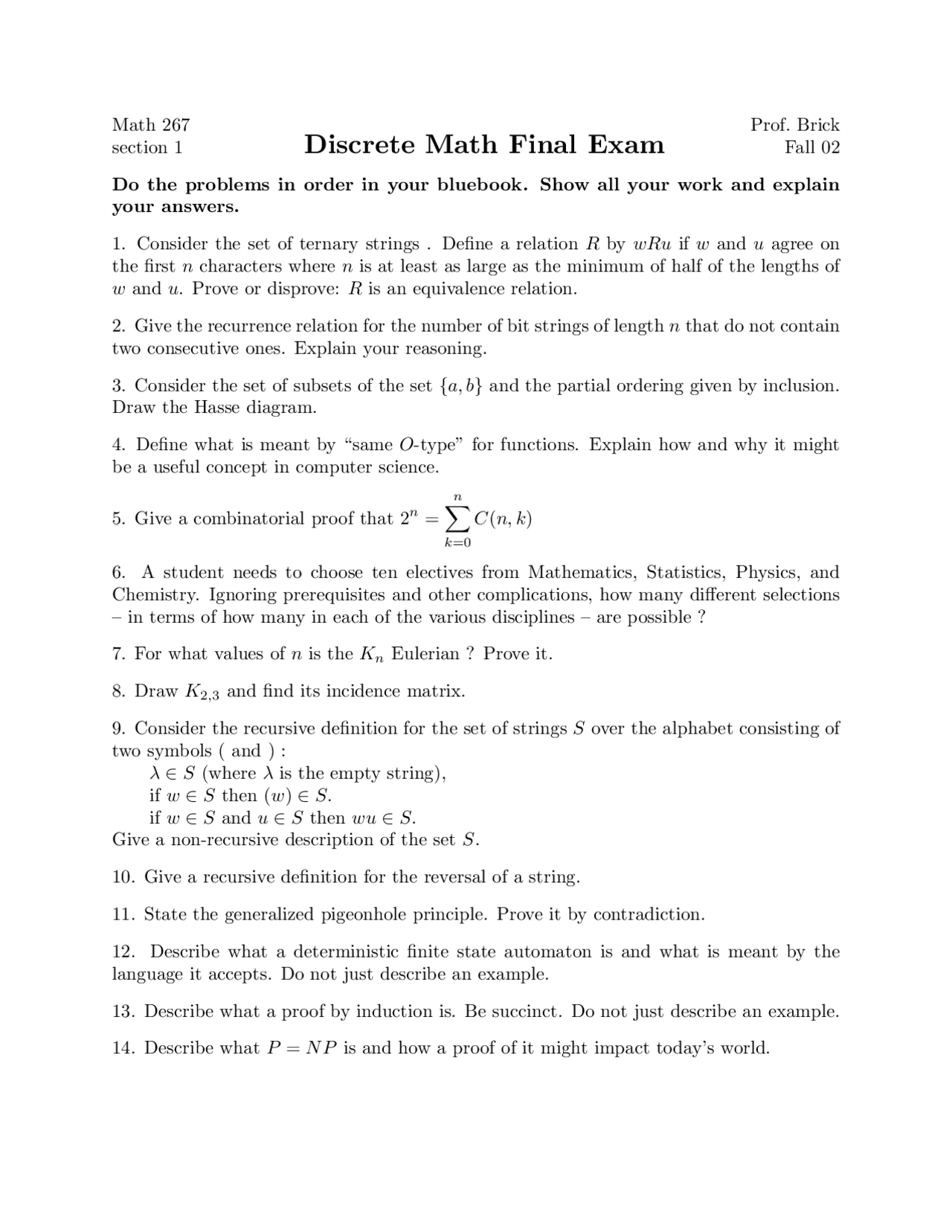 Characters - Discrete Math - Exam - Docsity