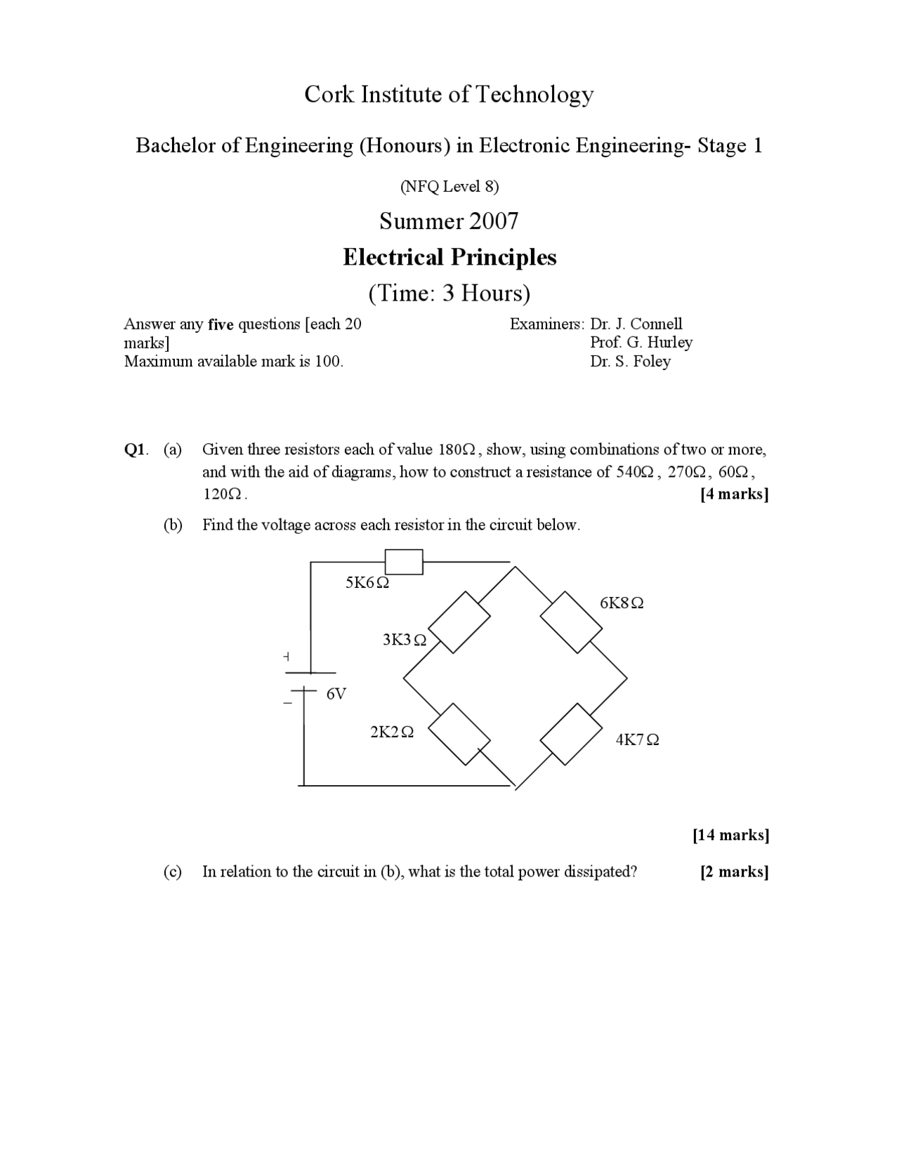 Power dissipated - Electrical Principles - Exam - Docsity