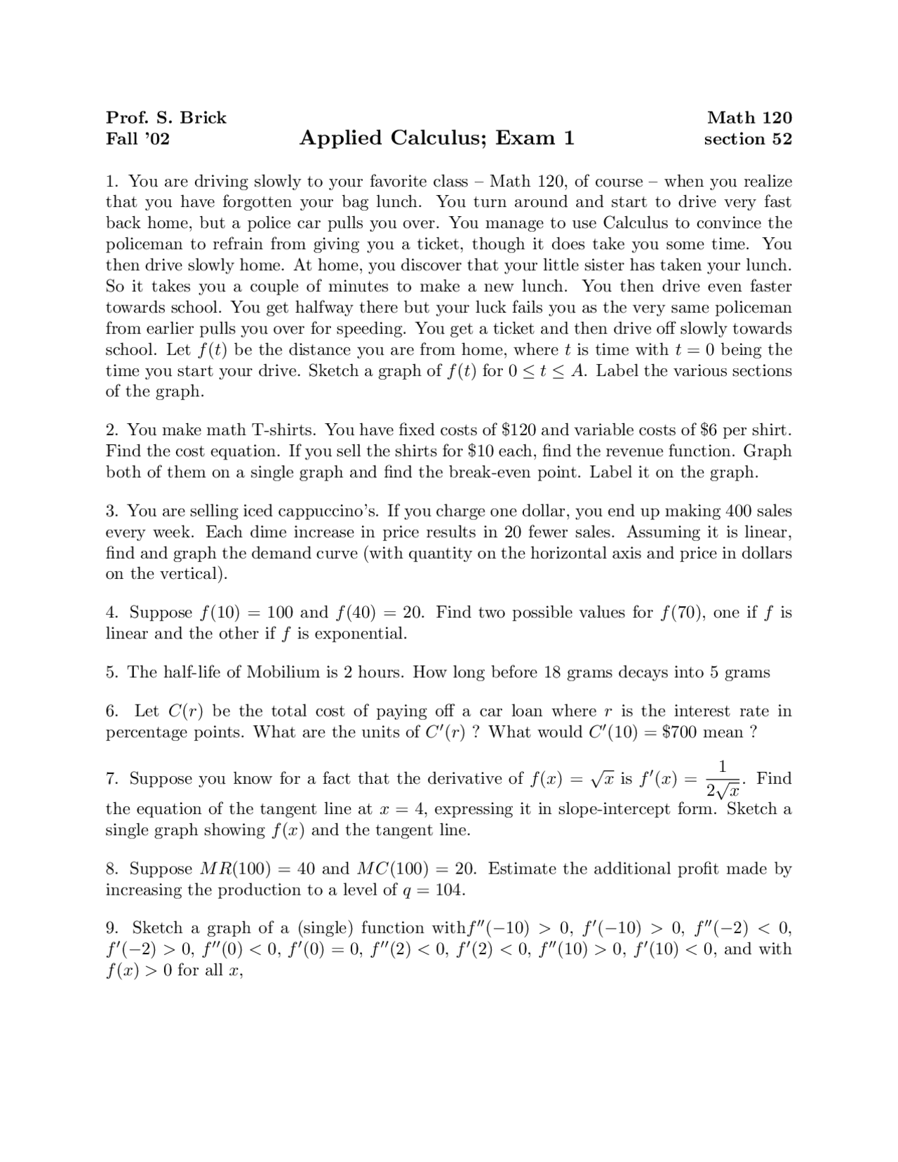 Halfway Applied Calculus Exam Docsity