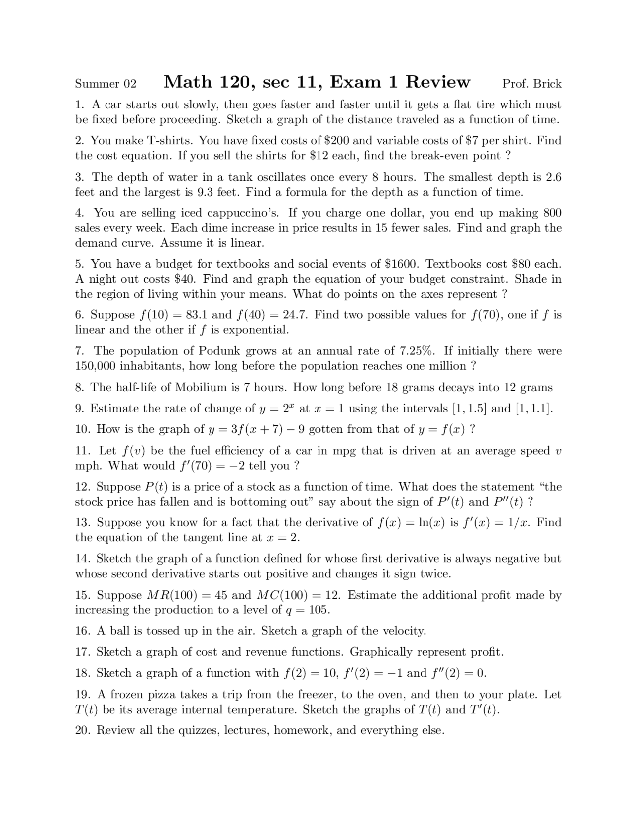 Proceeding Applied Calculus Exam Docsity