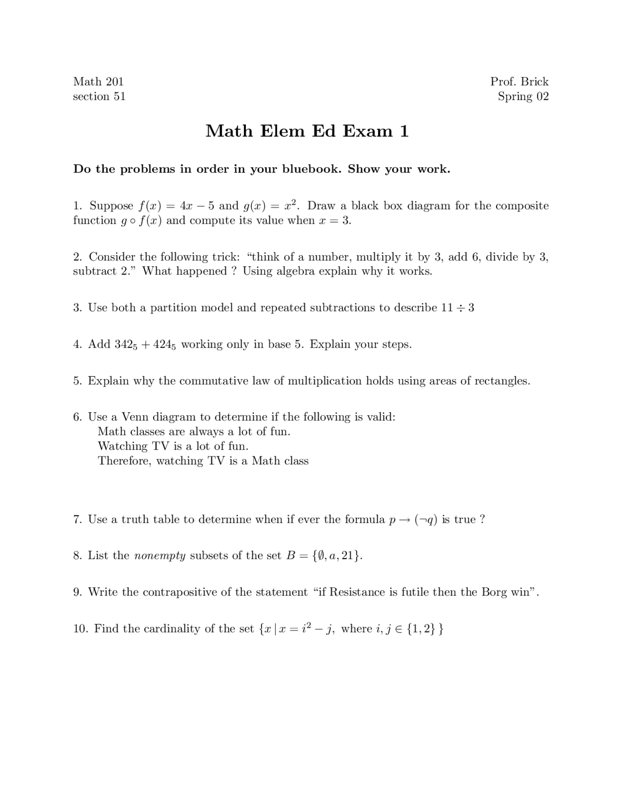 Algebra Elementary Maths Exam Docsity