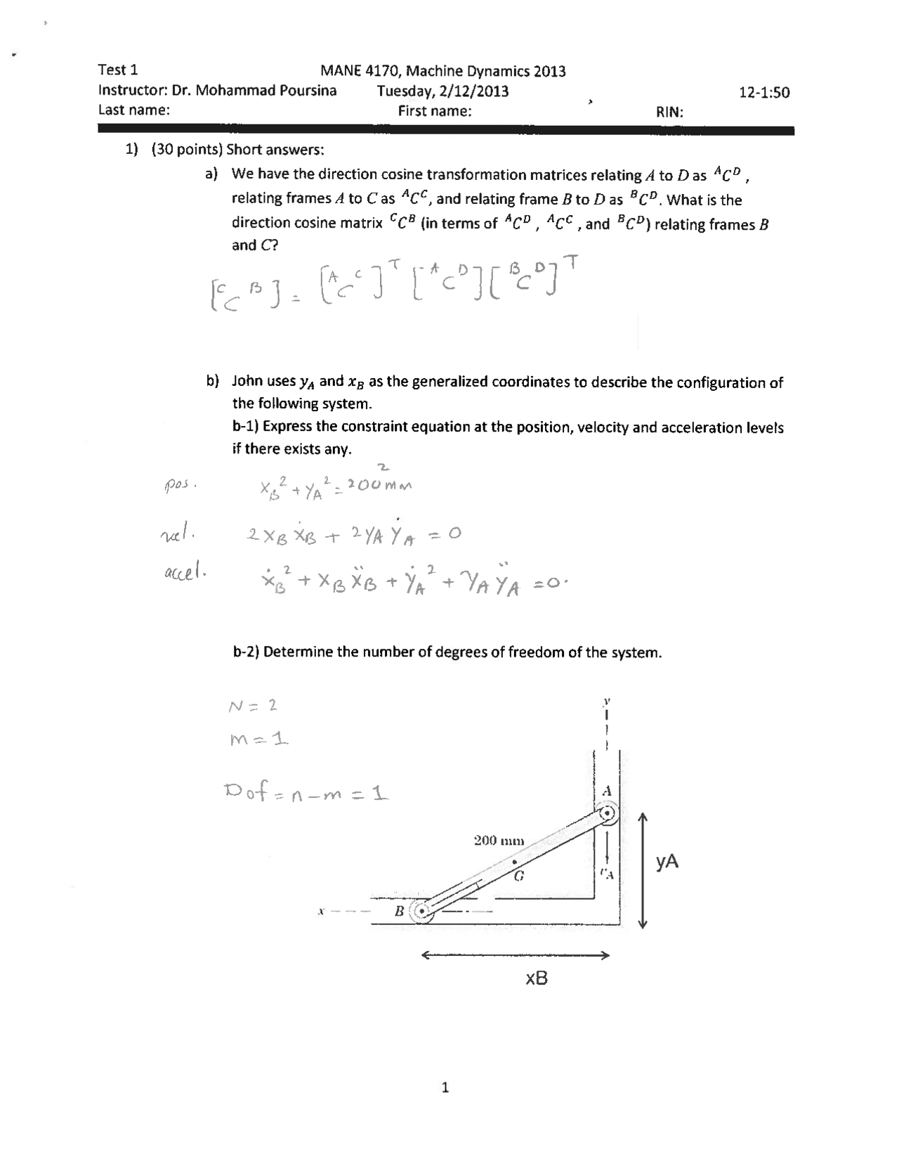Exam 1 With Solution For Machine Dynamics Mane 4170 Docsity
