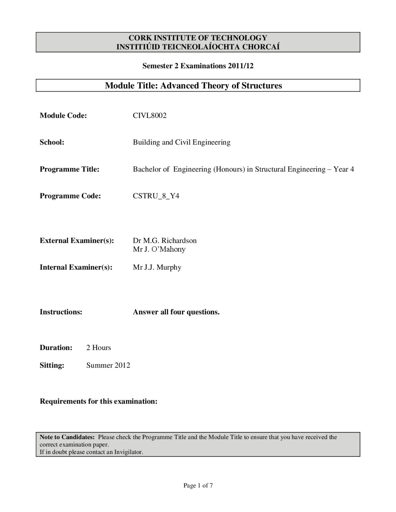 Characteristic Equation Advanced Theory Of Structures Past Exam