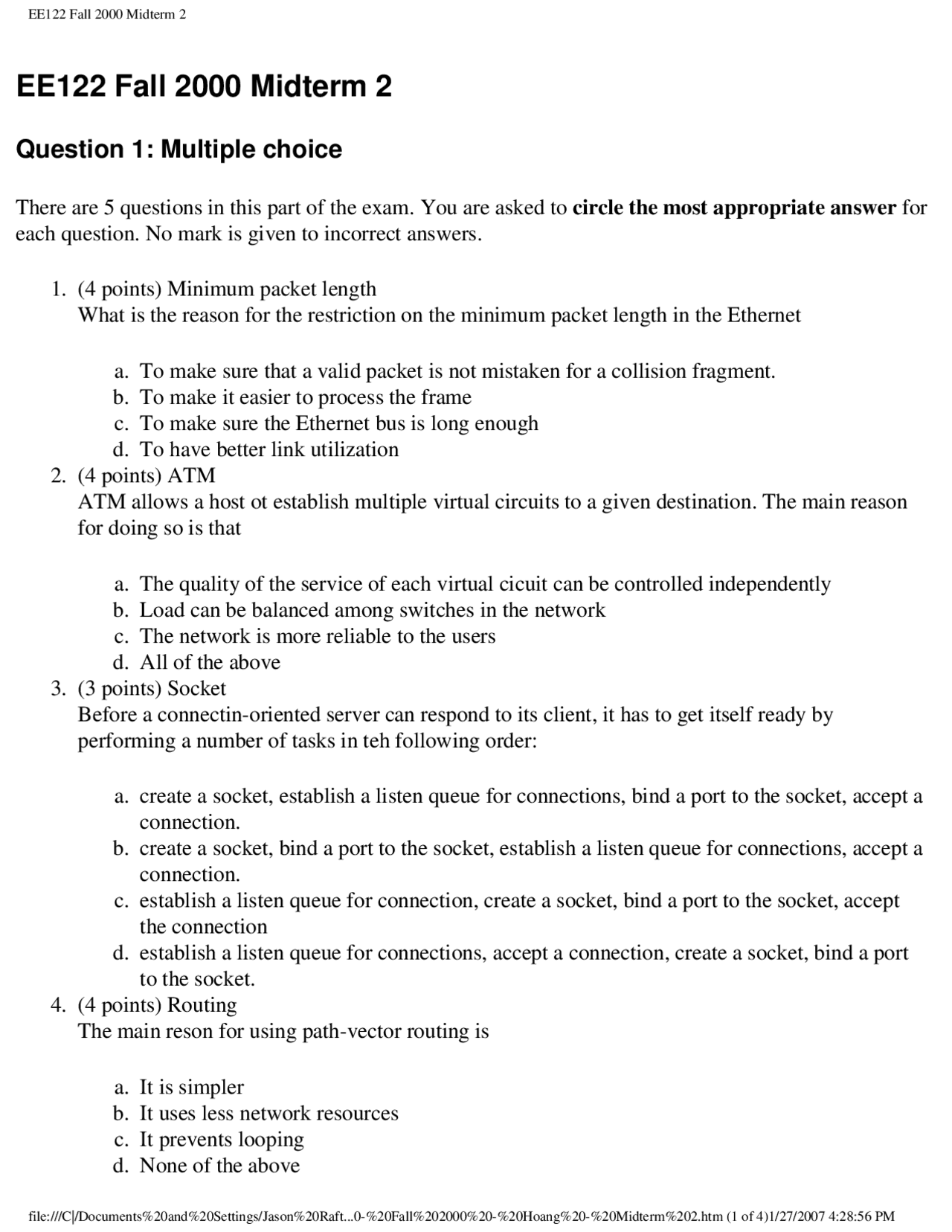Multiple Virtual Introduction To Communications Networks Exam Docsity