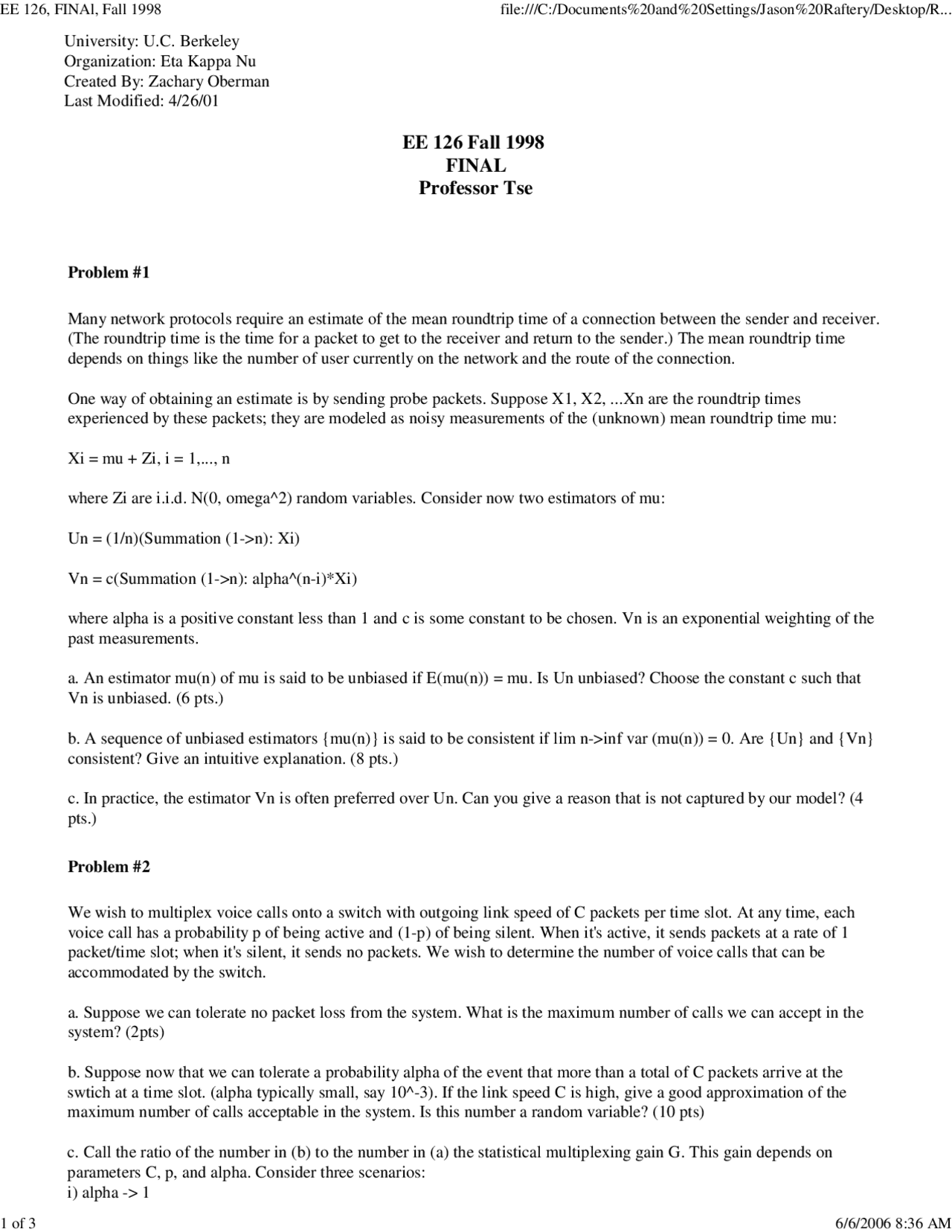 Mean Roundtrip - Probability and Random Processes - Exam - Docsity