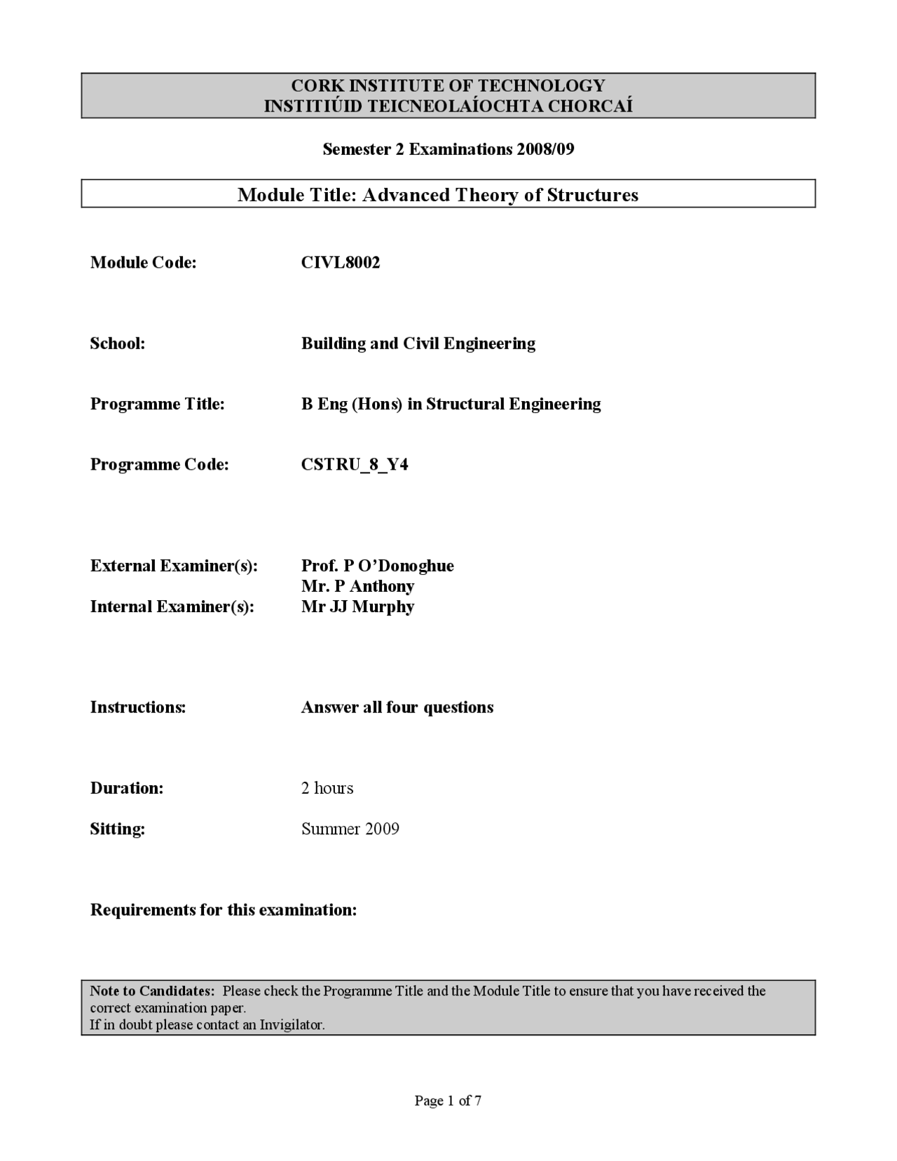 Tensile Force Advanced Theory Of Structures Past Exam Docsity
