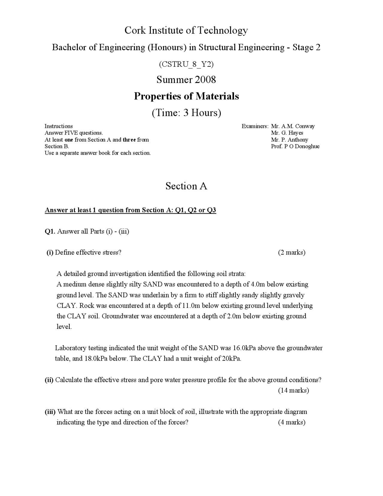 Effective Stress - Properties of Materials - Old Exam Paper - Docsity