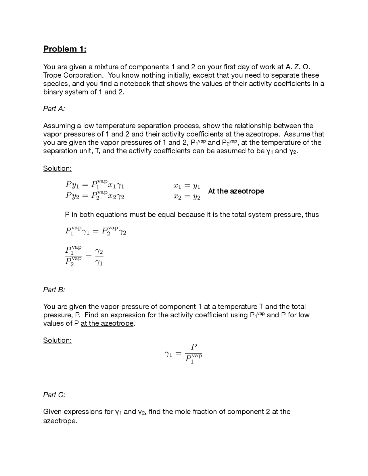 Binary System Chemical Engineering Thermodynamics Previous Solved