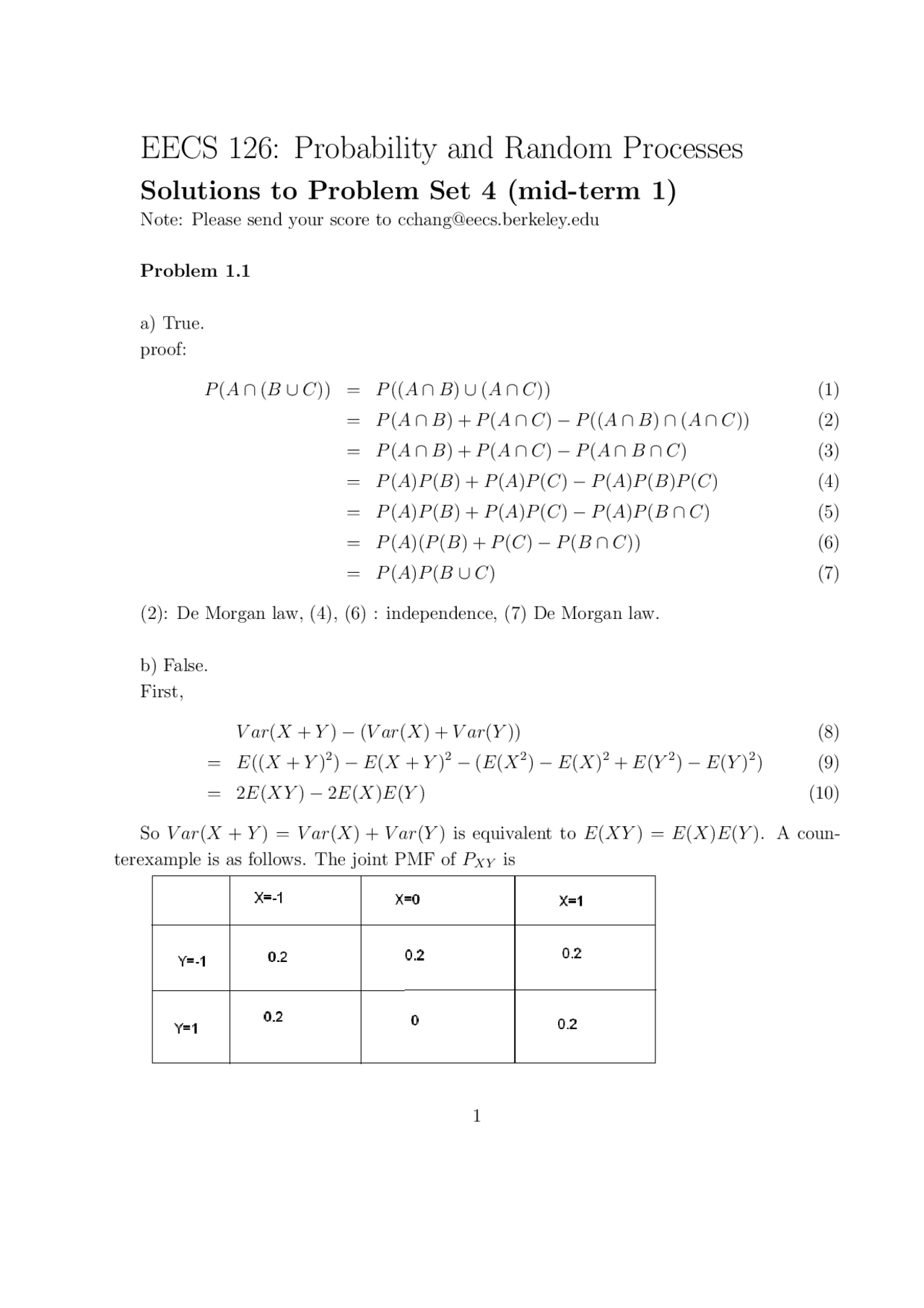 Independence - Probability and Random Processes - Solved Exam - Docsity