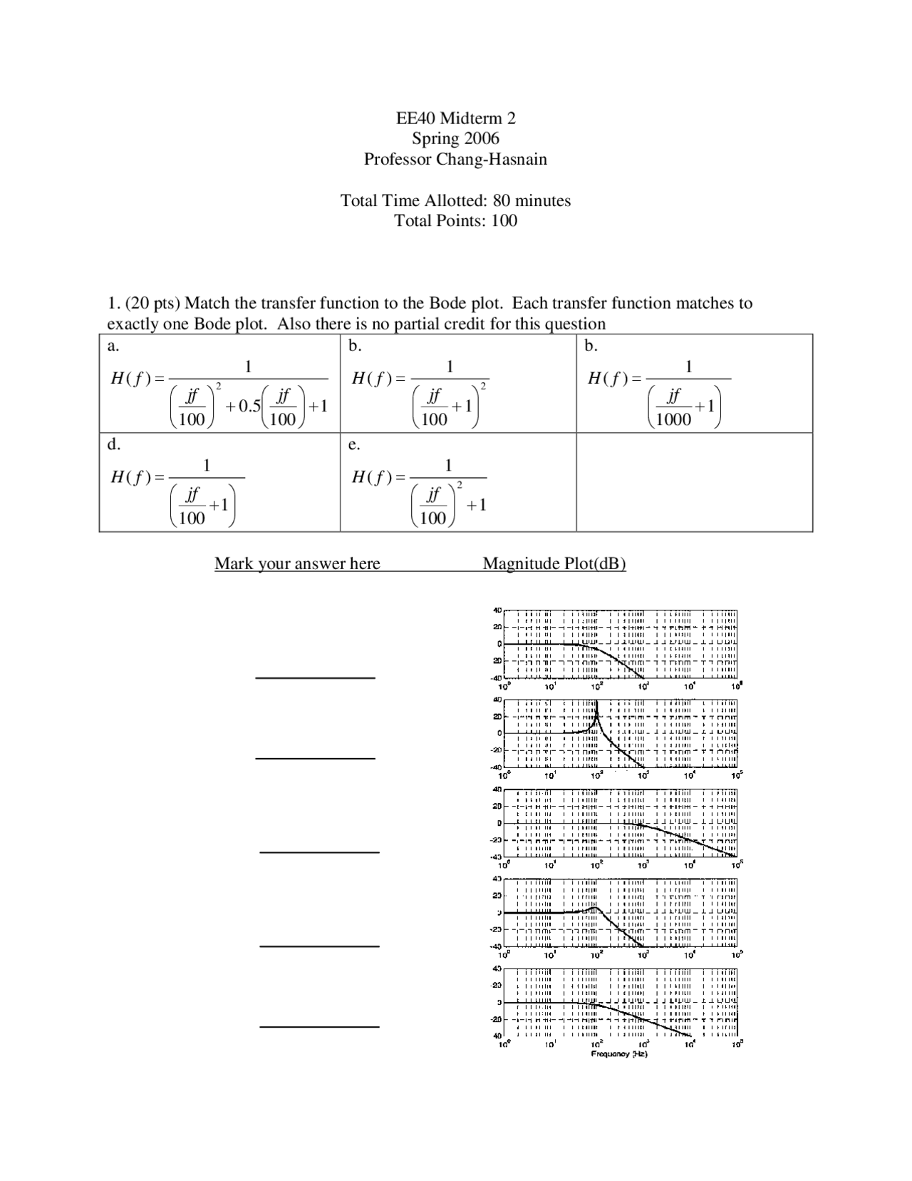 Transfer Function - Electrical Engineering - Exam - Docsity