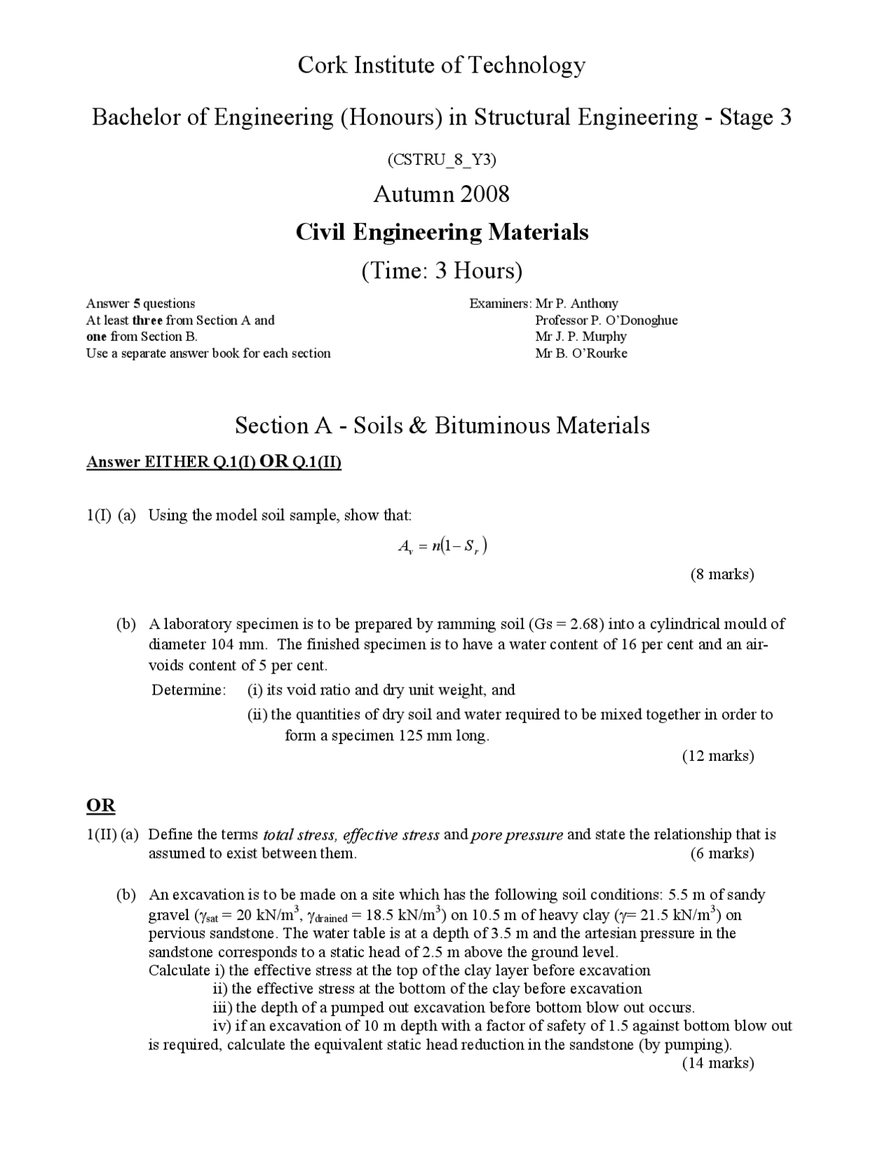 Dry Unit Weight - Civil Engineering Materials - Past Exam | Exams Civil Engineering | Docsity