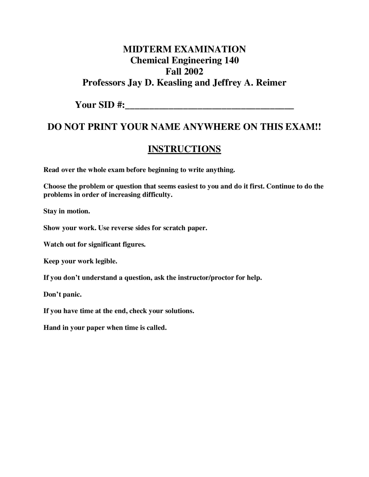 Temperature - Chemical Engineering - Previous Solved Exam - Docsity