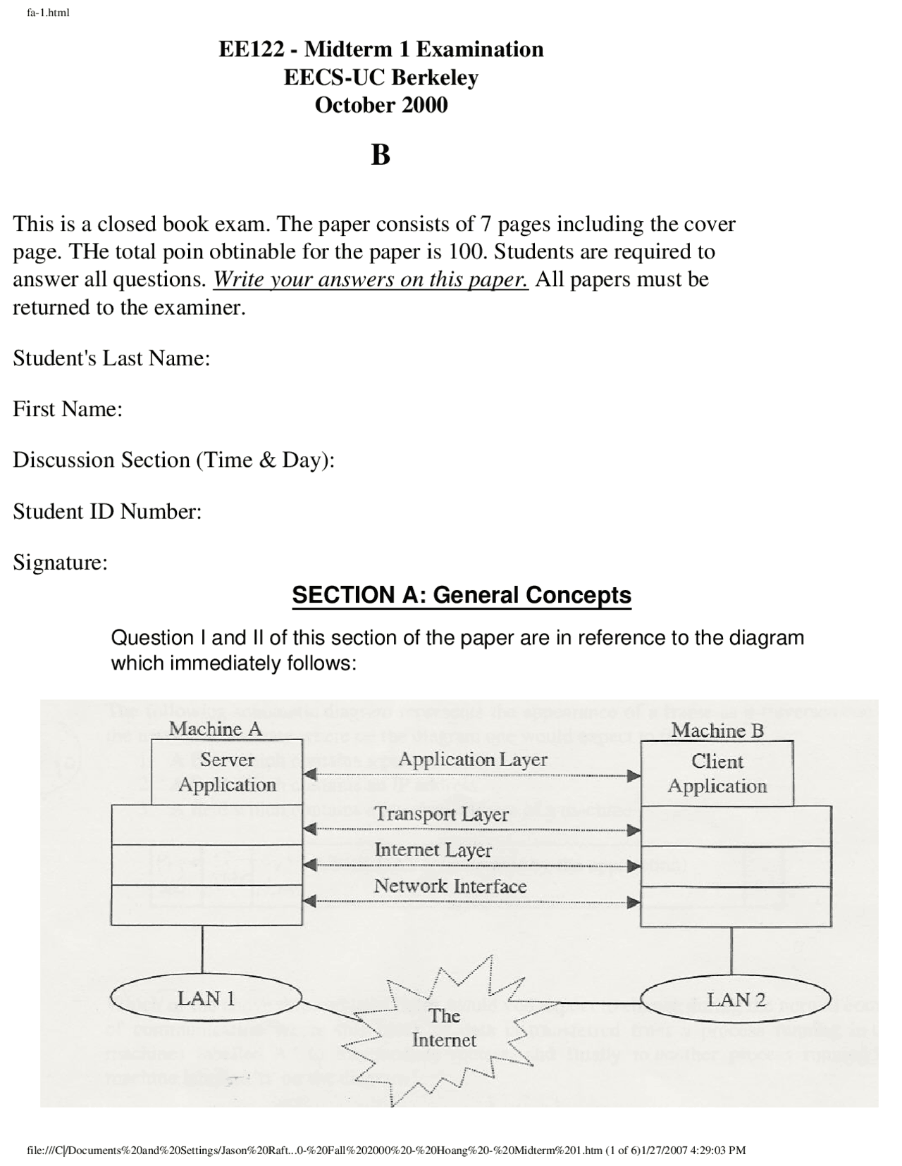 General Concepts - Introduction to Communications Networks - Exam - Docsity