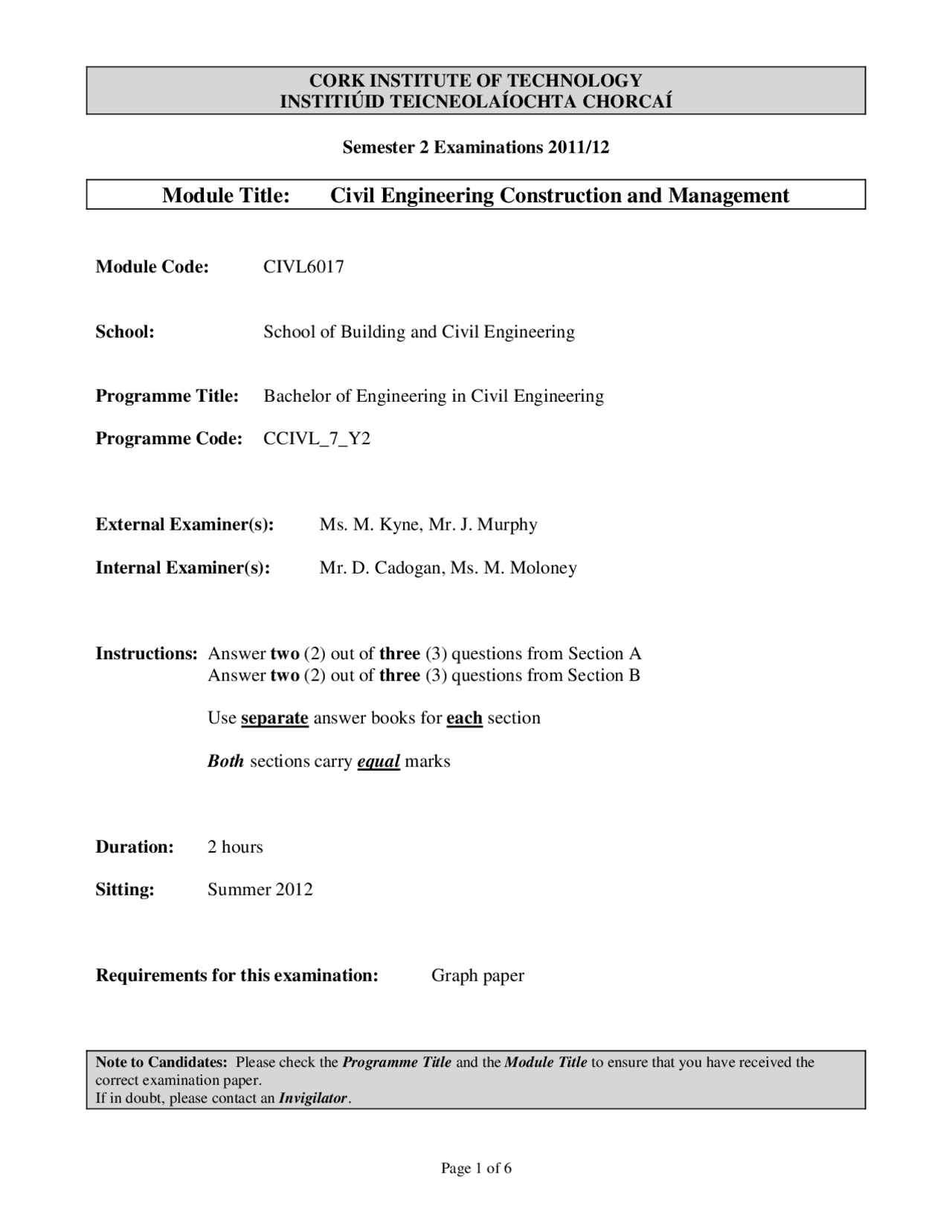 Examination Paper: Civil Engineering Construction and Management ...