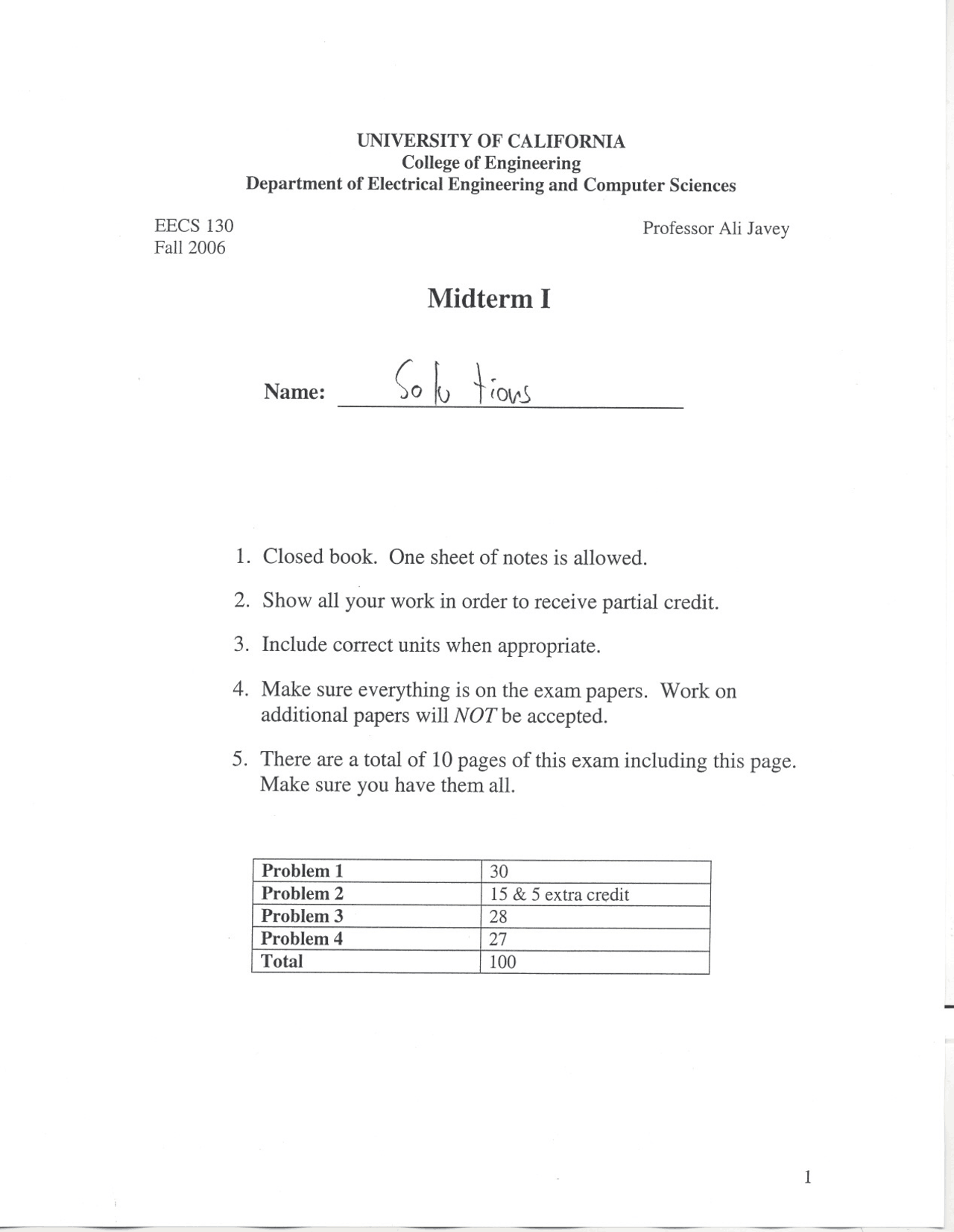 UC Berkeley EECS 130 Midterm I Exam, Fall 2006 | Exams Electrical ...