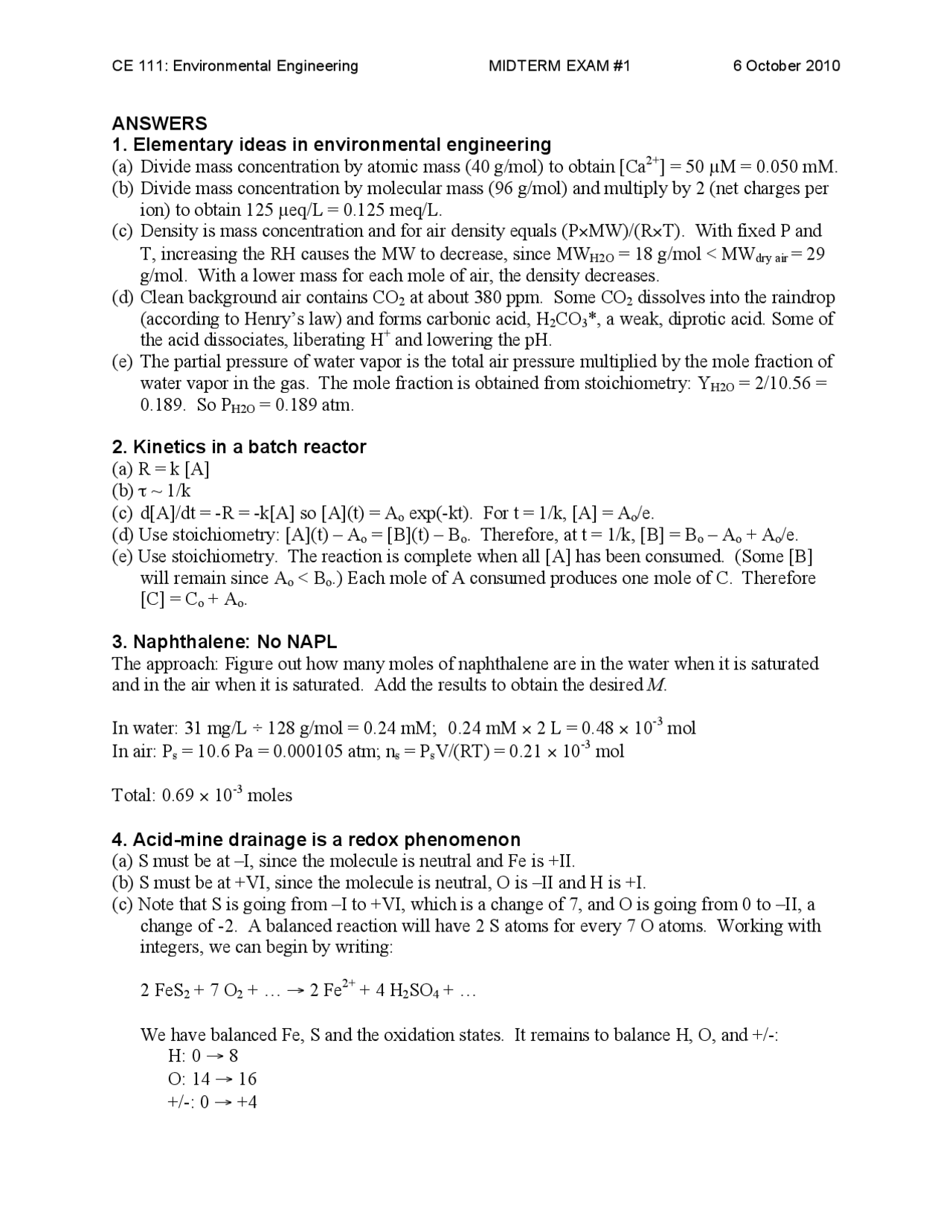 Environmental Engineering Midterm Exam 1: Solutions and Balanced ...