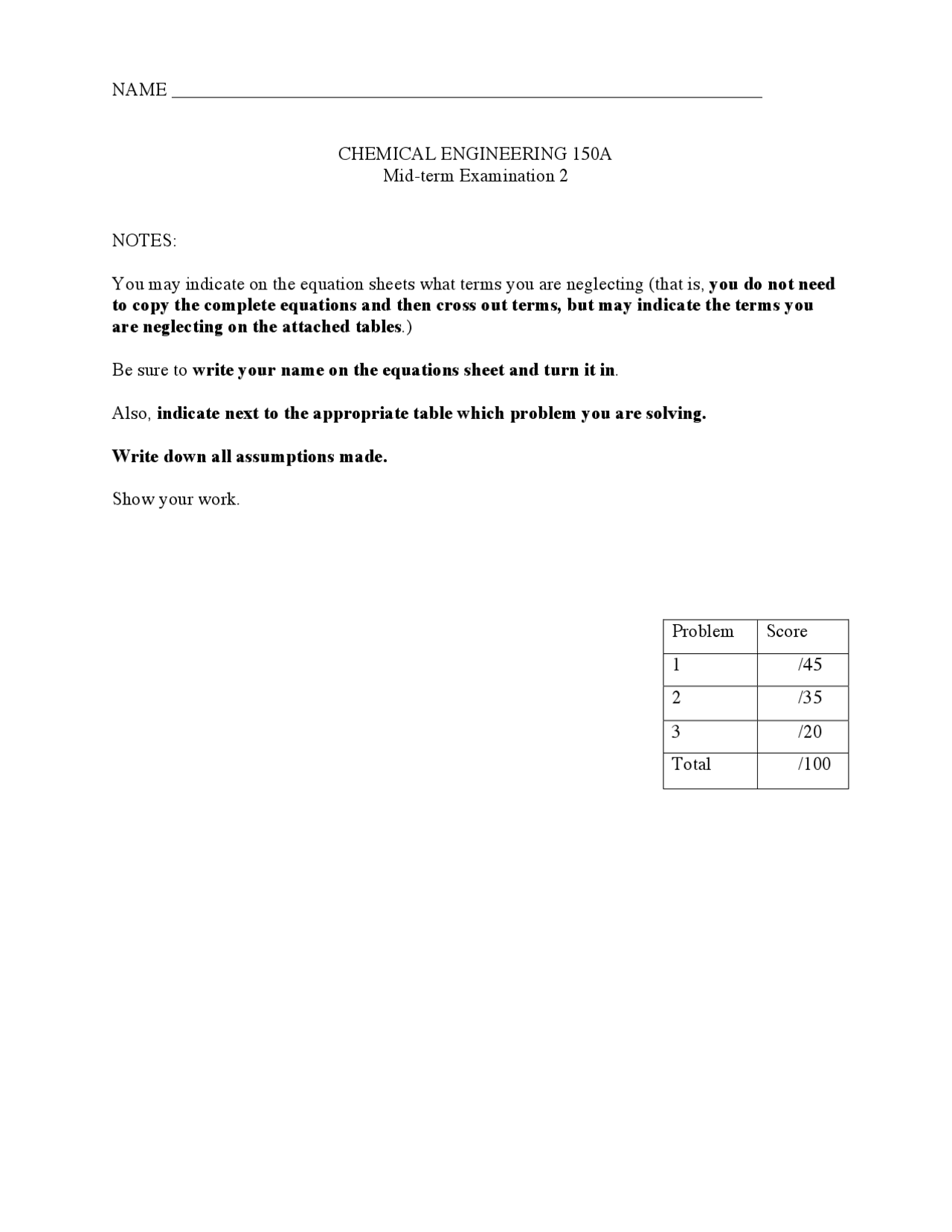 Viscosity Chemical Engineering Previous Exam Docsity