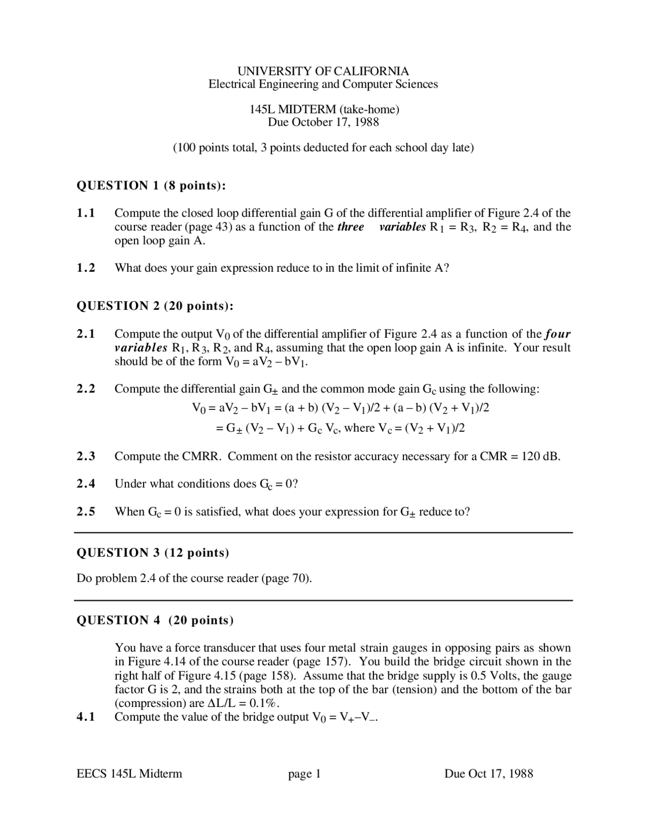 Loop Differential Gain Electronic Transducer Laboratory Exam Docsity