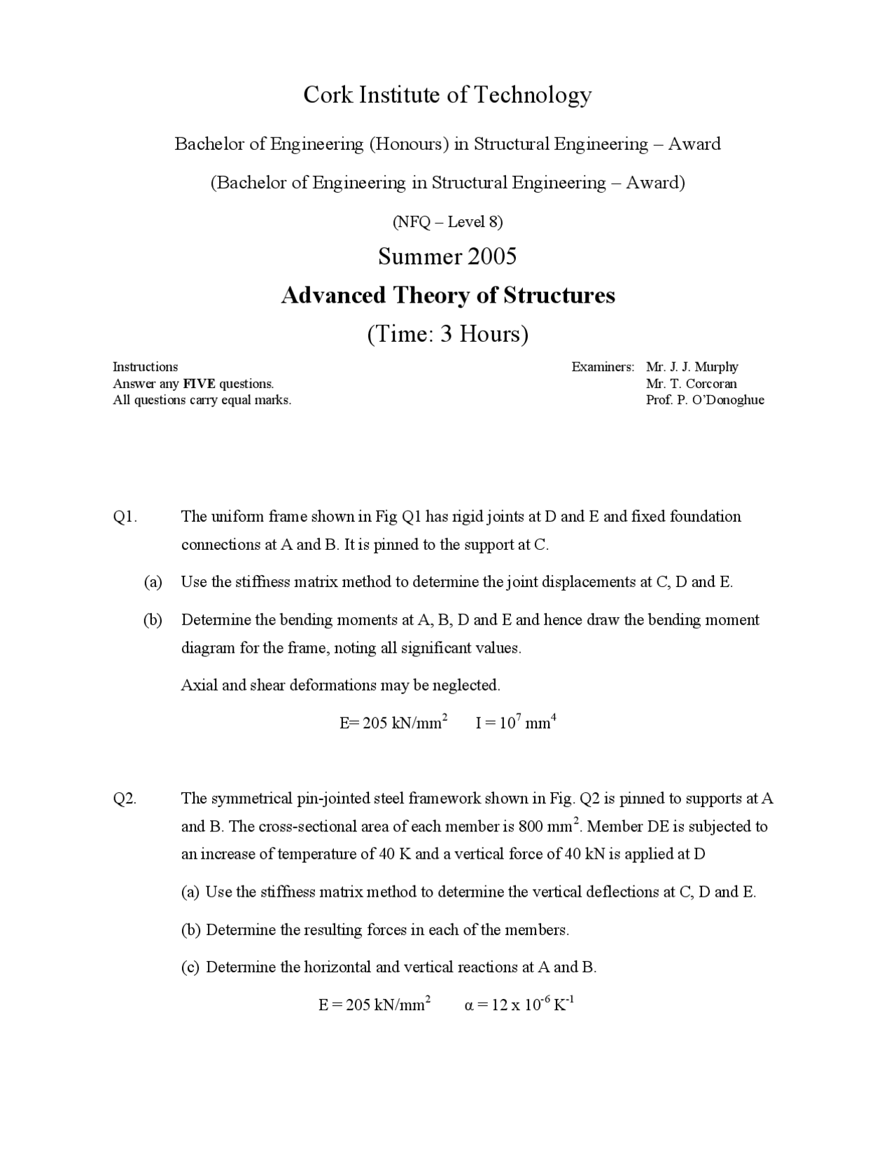 Bending Moments - Advanced Theory of Structures - Past Exam | Exams Data Structures and ...