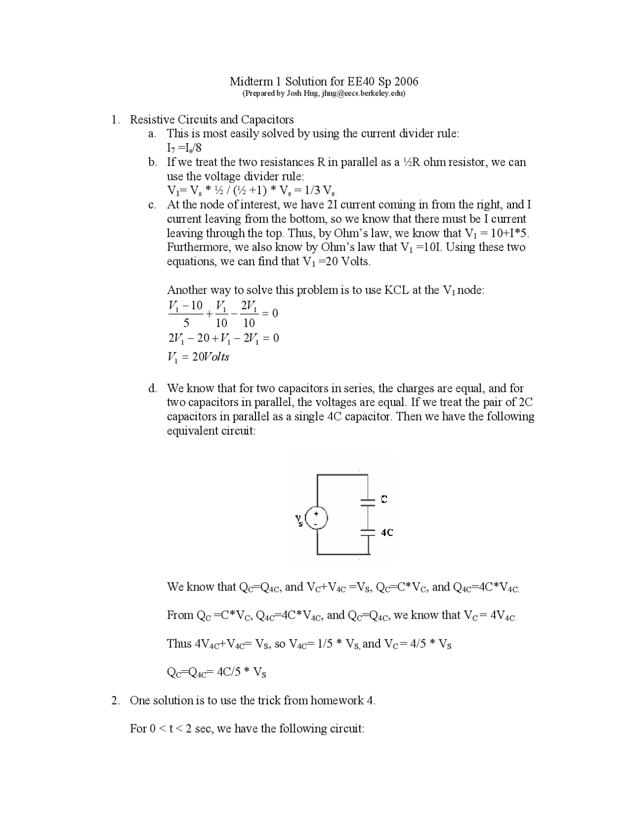 EE40 Midterm 1 Solution for Sp 2006: Circuits and Capacitors | Exams ...