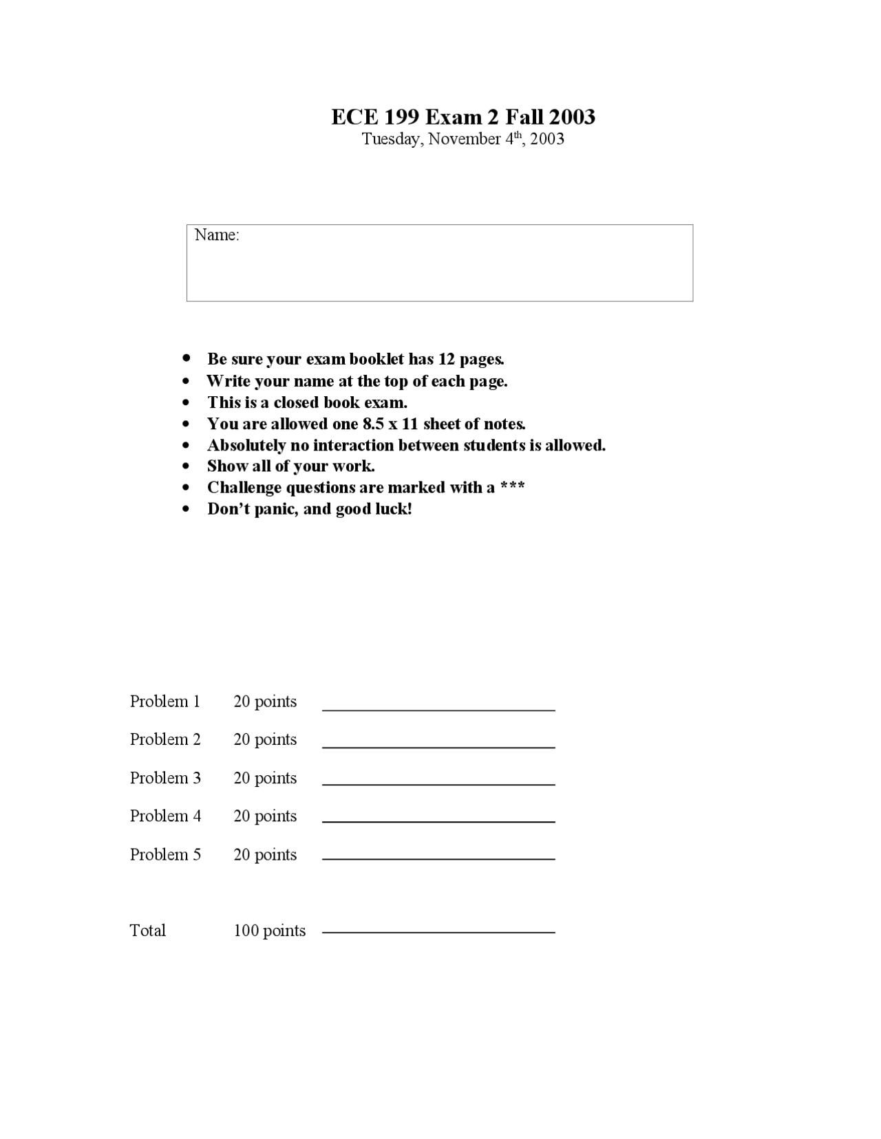 Single Instruction Introduction To Engineering Previous Exam Docsity