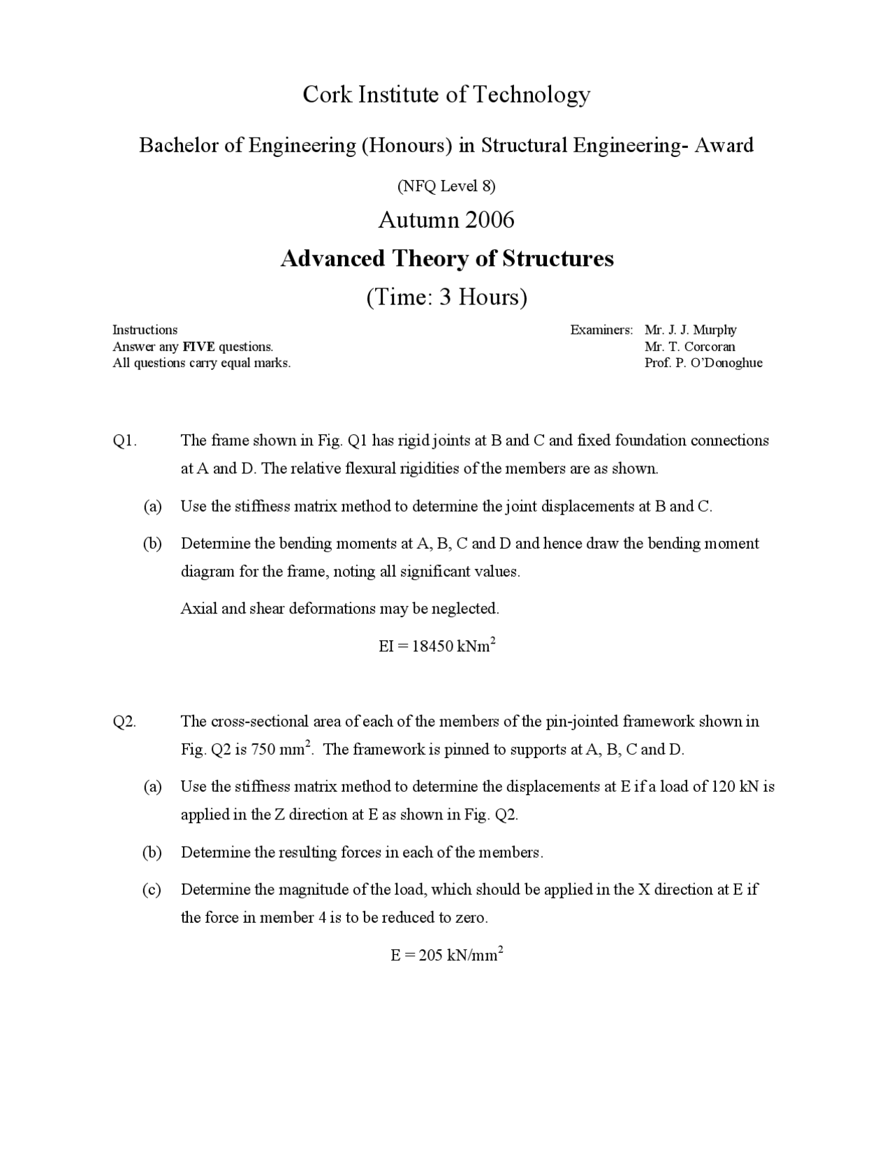 Magnitude of Load - Advanced Theory of Structures - Past Exam - Docsity
