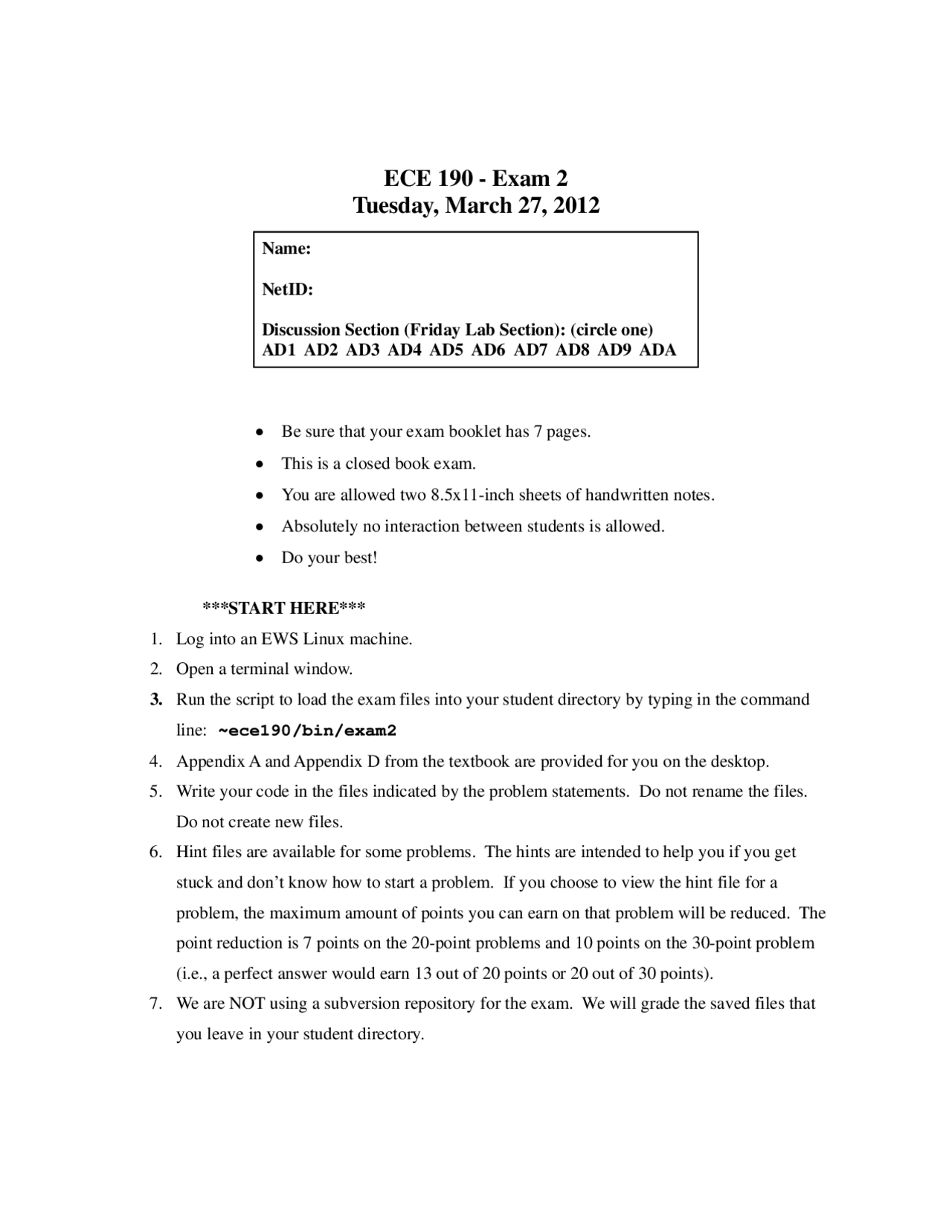 Language Introduction To Engineering Previous Exam Docsity