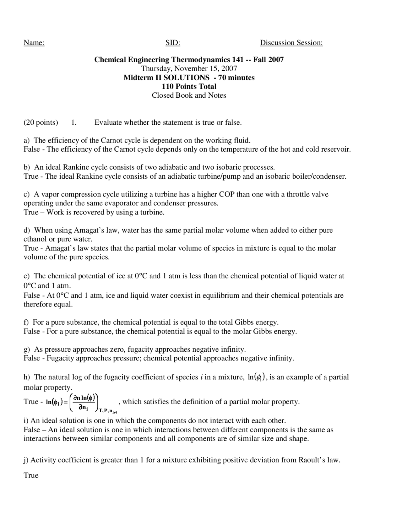 Efficiency - Chemical Engineering Thermodynamics - Previous Solved Exam ...