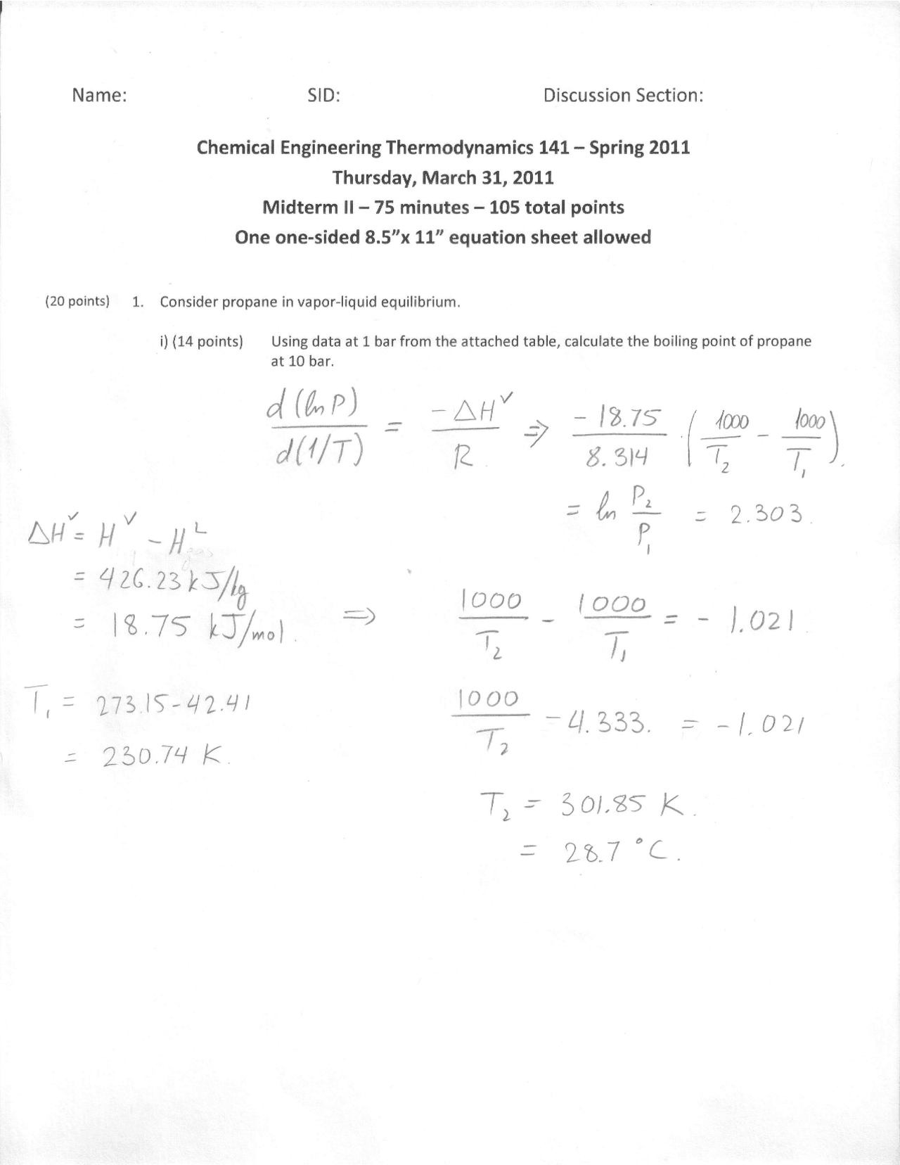 Propane Chemical Engineering Thermodynamics Previous Solved Exam
